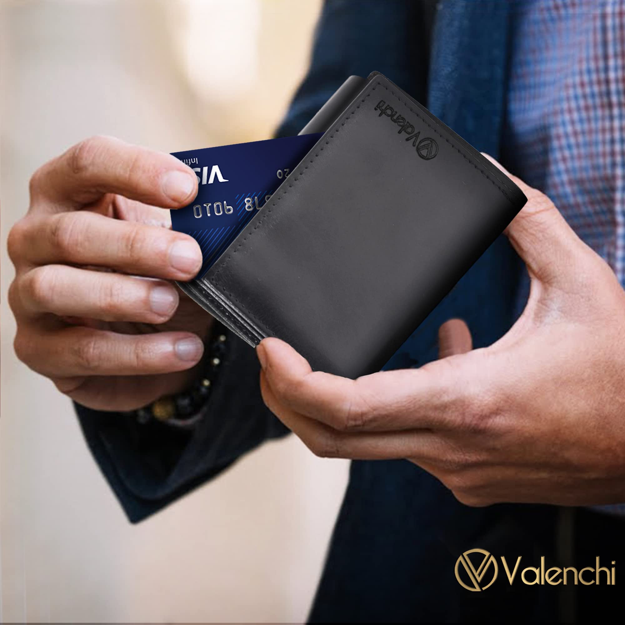 VALENCHI Leather Trifold Wallet For Men - RFID Blocking - 9 Card Slots, 2 Note Compartments & 1 ID Window - Minimalist Design, Slim Wallet - Premium, Fashionable Accessory Gifts for Men, Him