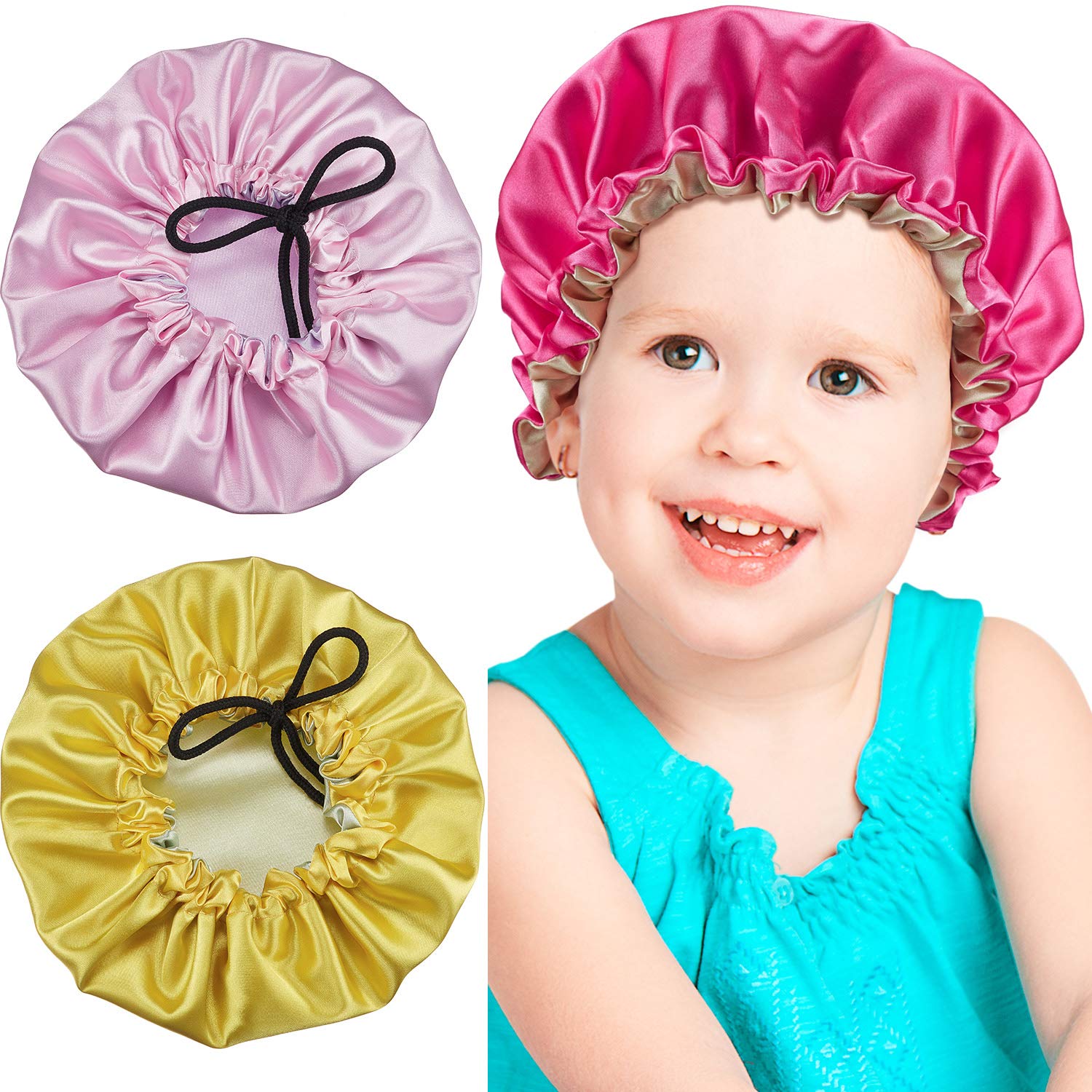 SATINIOR 3 Pieces Kids Satin Bonnet Adjustable Sleeping Cap Reversible Satin Cap for Teens Toddler Child (Classic Color)