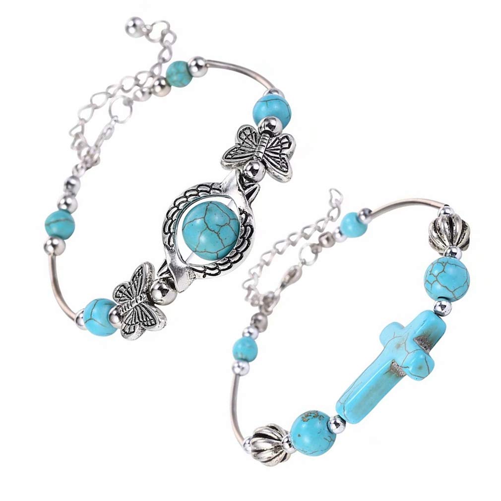 WEILYDF Turquoise Bracelet Classic Luxury Women Summer Unique Design Beaded Imitation Gemstone Butterfly Cross Bracelet Jewelry
