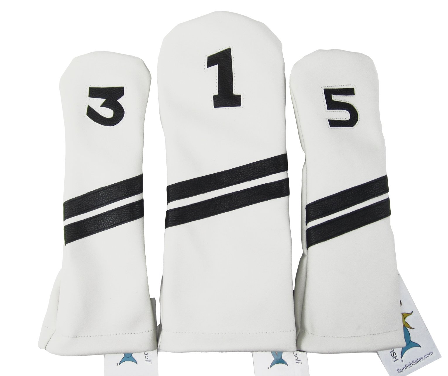 Sunfish Leather Golf Headcover Set 1-3-5 Driver 3 Wood 5 Wood Fairway White and Black !