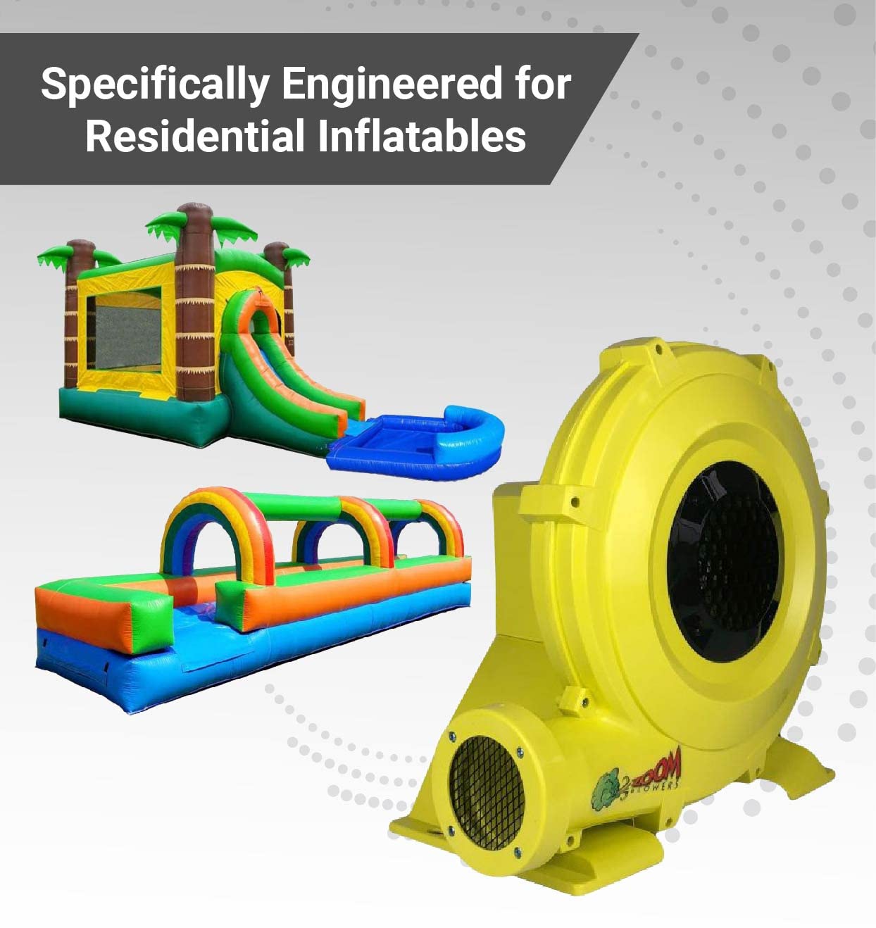 Zoom Blowers Portable Air Pump for Inflatables - Energy Efficient High Power 950-Watt, 1.25 HP Compact Residential Air Blower for Bounce Houses, Slide Combos, Water Slides and Obstacle Course for Kids