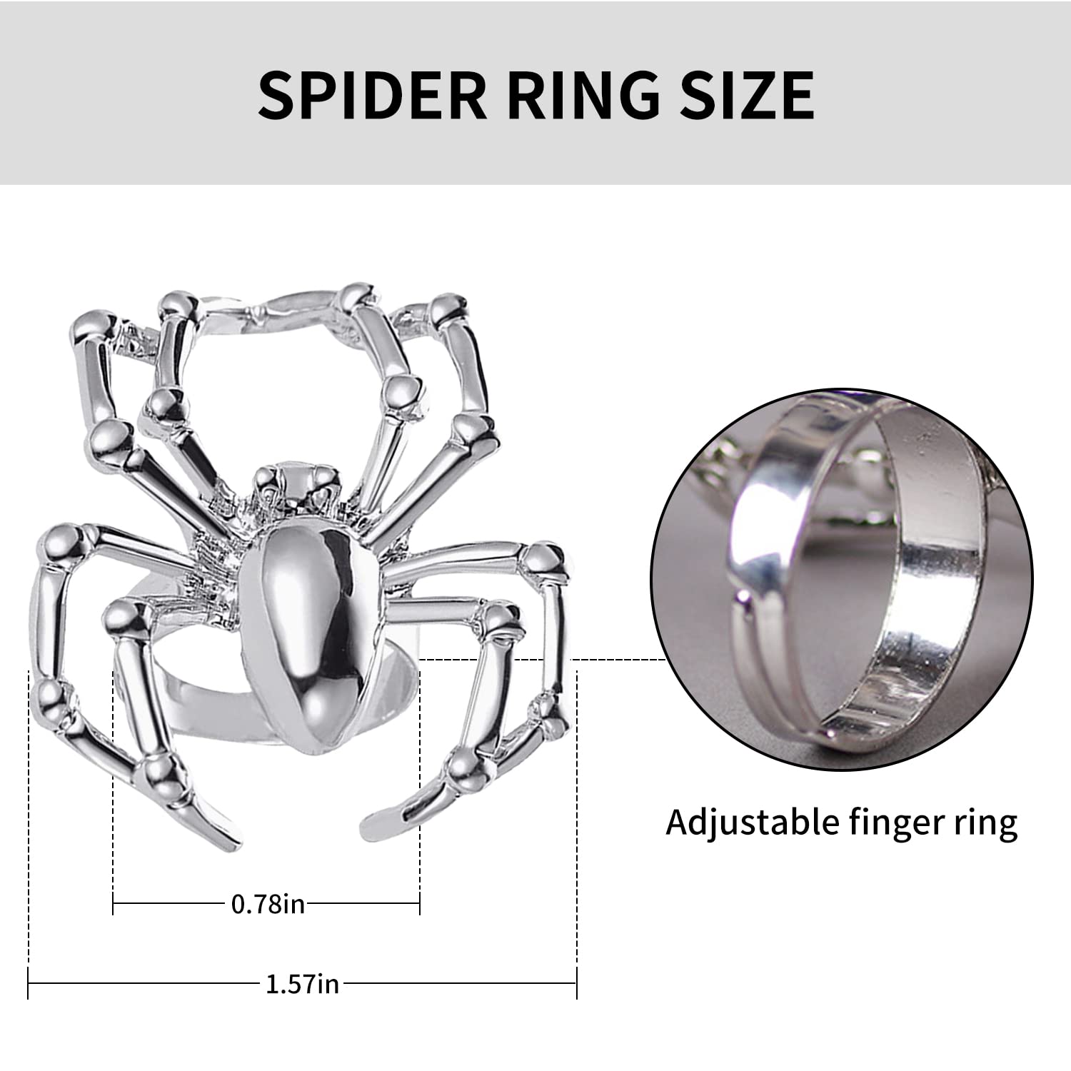 YANGTTOK Gothic Punk Style Simulation Animal Spider Finger Rings for Women Men Adjustable Ring Funny Halloween Accessories Gift (White)