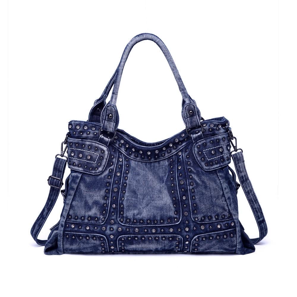 Women's Denim Casual Hobo Bag - Distressed Jeans Large-capacity Shoulder Bags for Daily Use Office Travel (Blue)