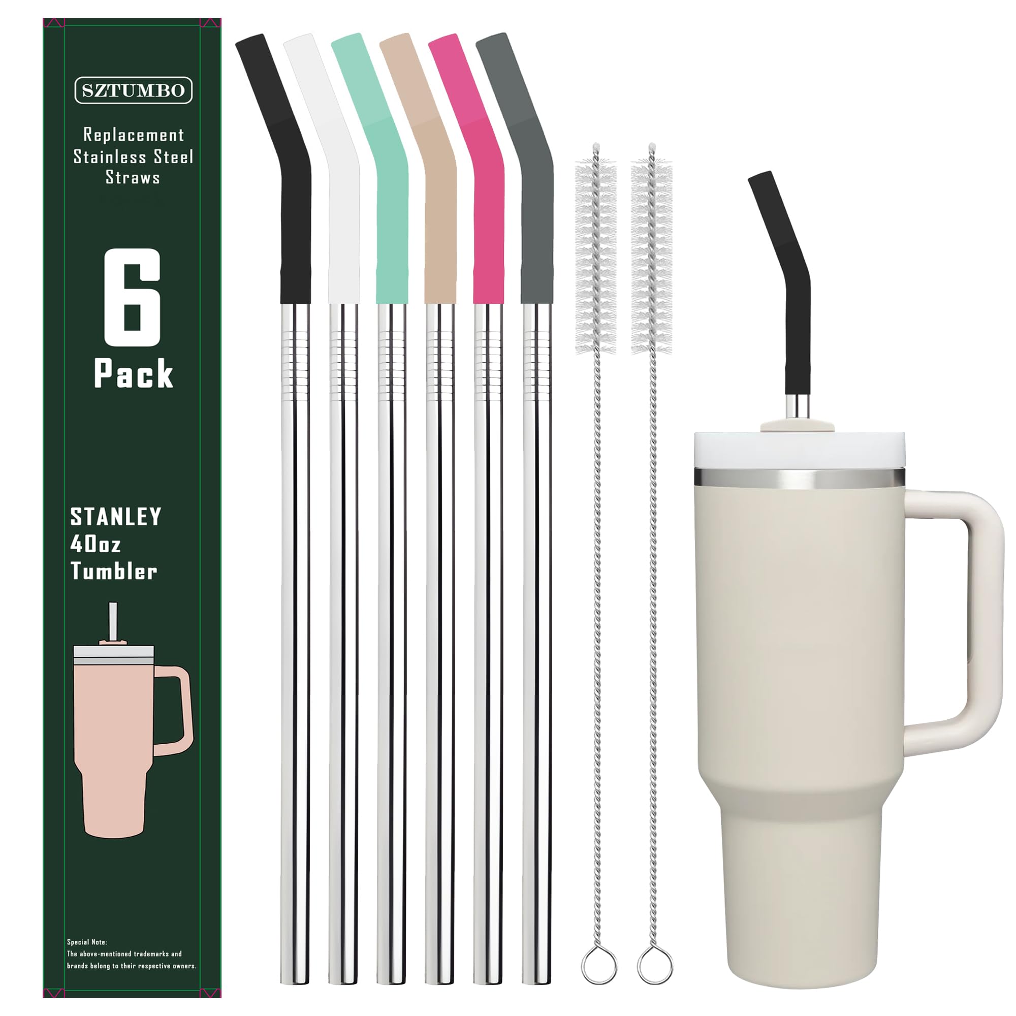 Sztumbo 6 Pack 12 Inch Reusable Metal Stainless Steel Straight Straw,with 6Silicone Tips and 2Cleaning Brush for Simple Modern 32,40oz Tumbler,40oz Stanley, 24 oz Starbucks Cup(8mm Silver)