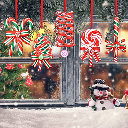 TREWAVE 10 Pieces Christmas Tree Lollipop Hanging Ornaments Set with Ribbon, Xmas Candy Cane Tree Hanging Decor, Christmas Season Home Hanging Decorations and Pendants