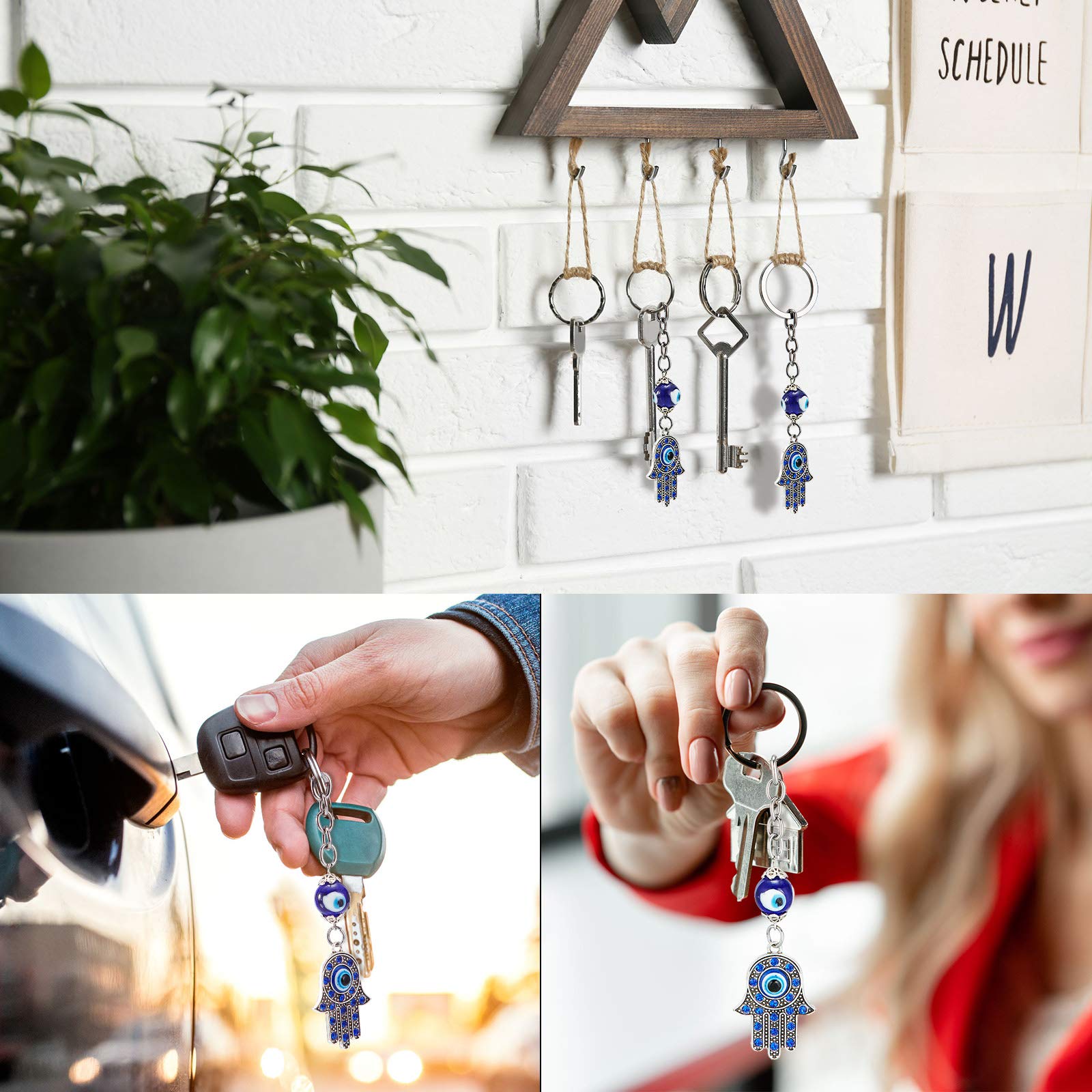 Yaomiao 5 Pieces Hamsa Hand Keychain Evil Eye Silver Keychain Fatima Protection Charms Blue Good Luck Key Holder for Attaching to Keys and Bags