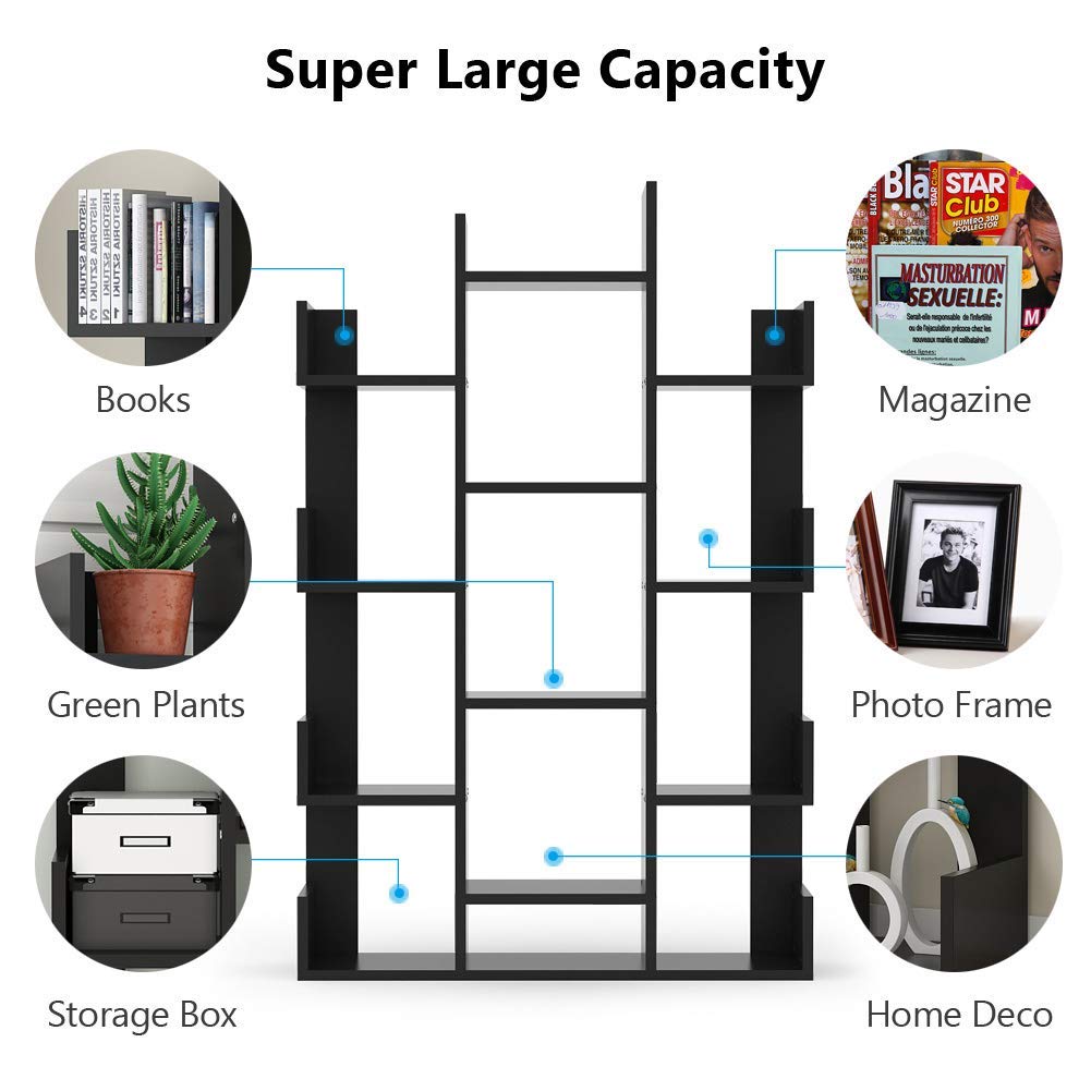 Tribesigns 12-Shelf Bookcase, Modern Tree Bookshelf Book Rack Display Shelf Storage Organizer for CDs, Records, Books, Home Office Deco (Black)