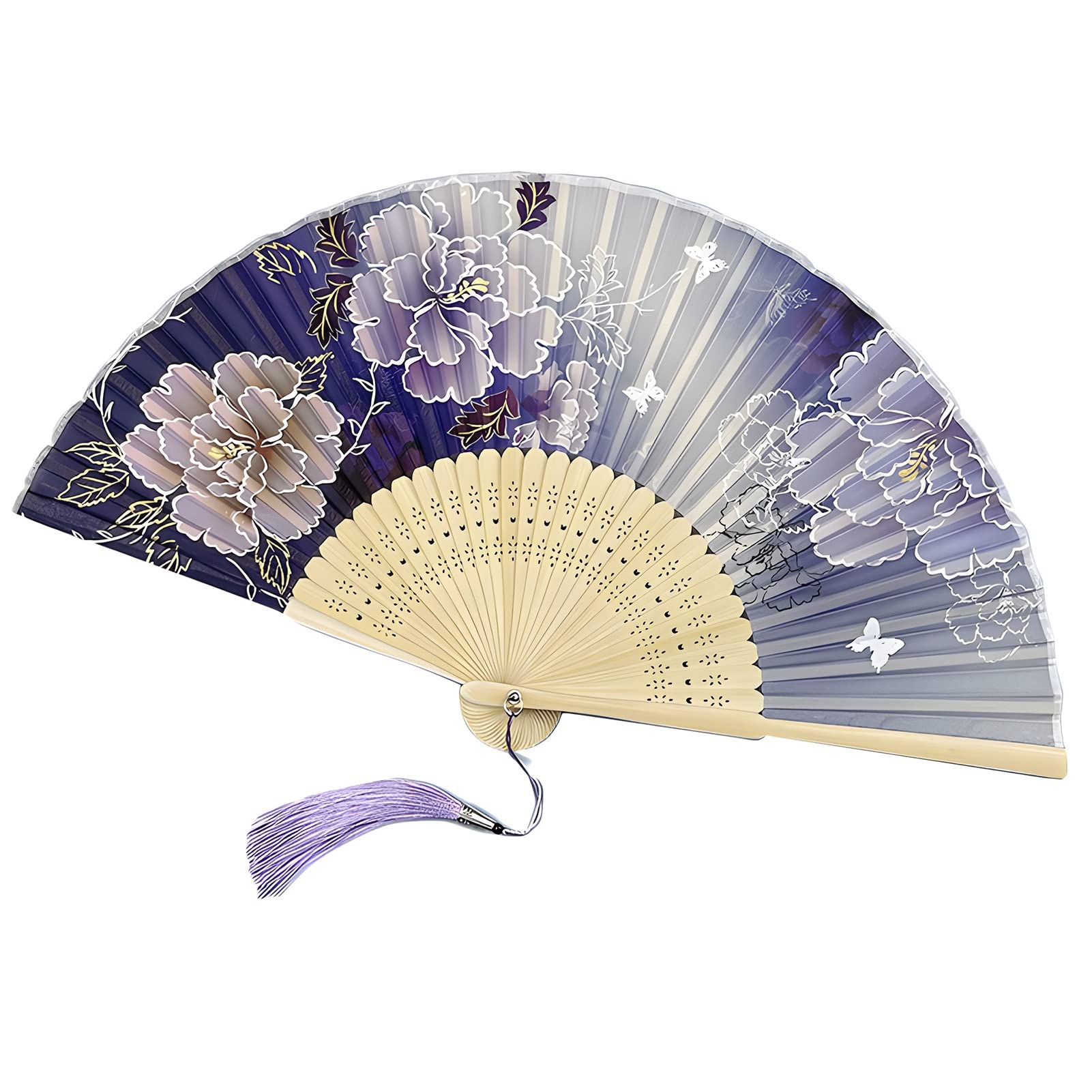 Women's Folding Fan, Chinese Peony Flower Pattern Hand Fan, Openwork Bamboo Ribs Personal Hand Held Summer Small Fan (Color : Multi-Colored, Size : 8.3")