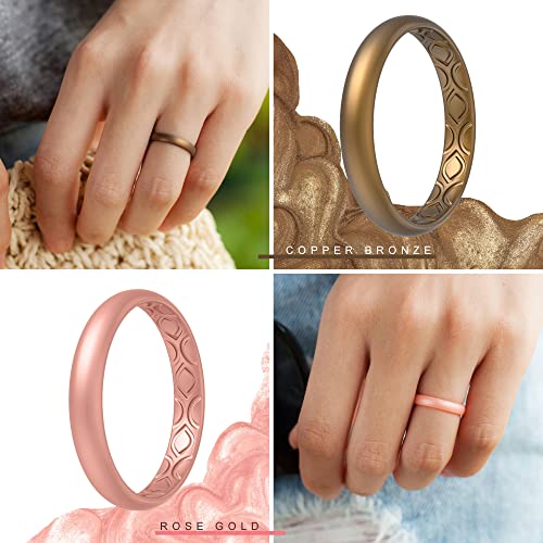 ThunderFit Silicone Wedding Rings for Women, Breathable Air Grooves Engagement Bands 3mm Wide 1.5mm Thick - 1/4/8/12 Variety Multipack (Pack W - Size 6.5-7 (17.35mm))