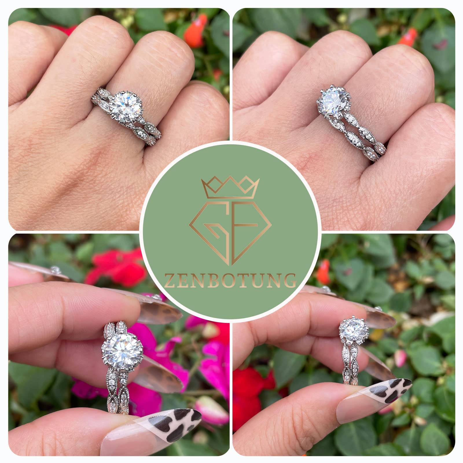 ZENBOTUNG 4CT 18K White Gold Wedding Band Bridal Rings Sets AAAAA Cz Solitaire Engagement Rings for Women Size 5