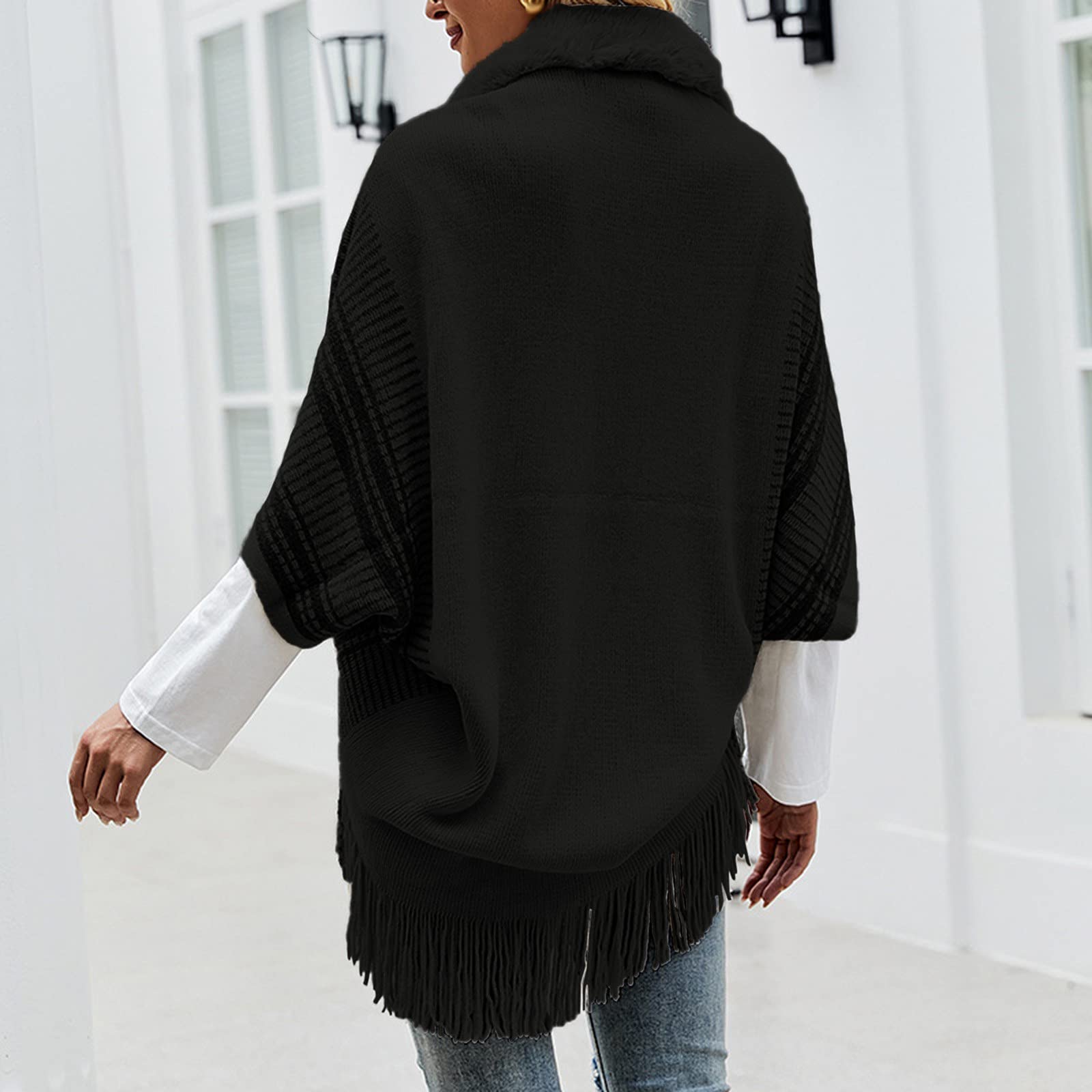 Women's Fringe Cape Cardigan Size Scarf Top Plush Shawl Wrap Baggy Banquet Bat Sleeve Short Coat 11119 (Black, One Size)
