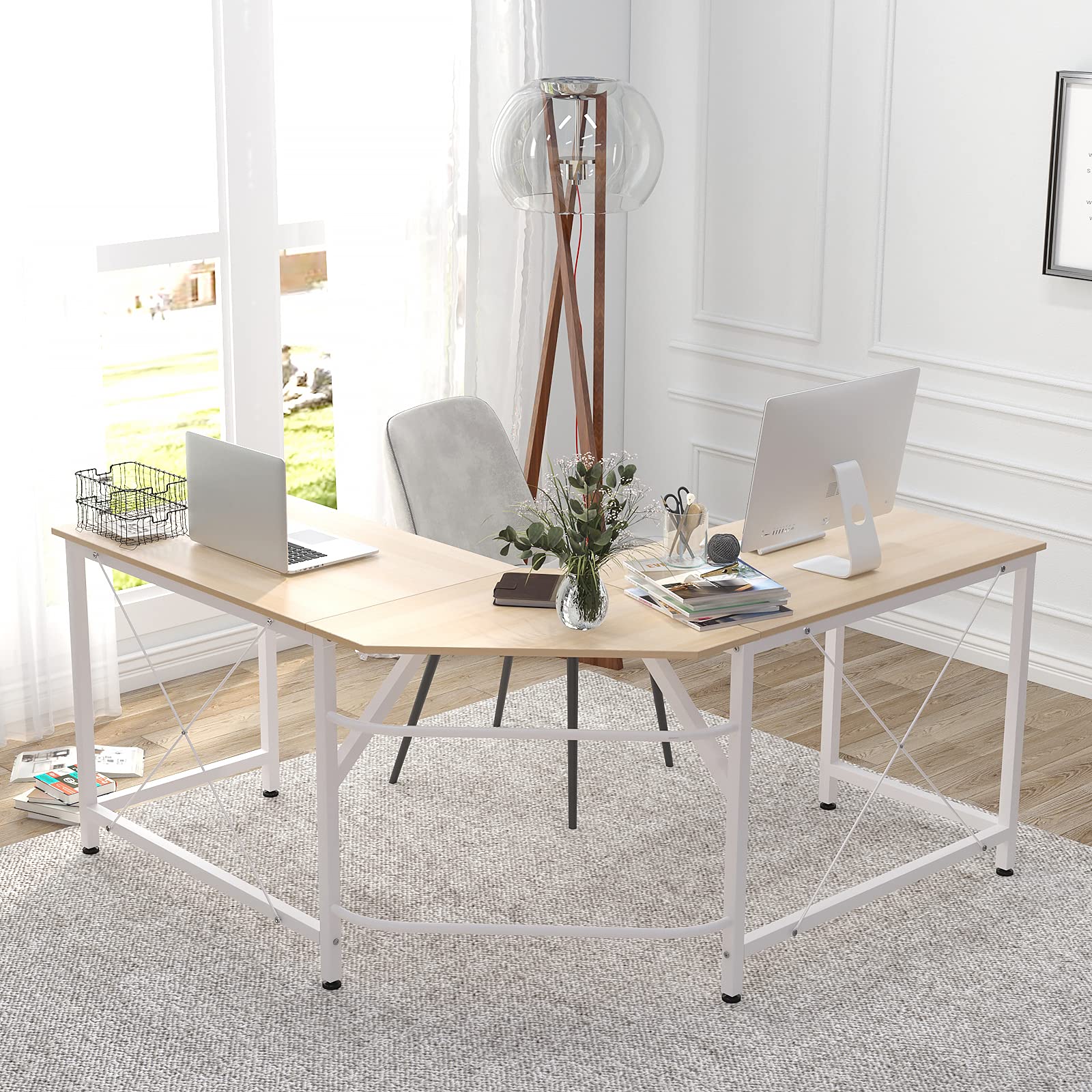soges Large L Shaped Desk, Corner Computer Desk for Small Space, L Desk for Gaming, Home Office Computer Desk for Bay Window, Millennium Oak LD-Z01MO