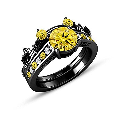Women's 1.52 Carat Yellow & White Sapphire 14K Black Gold .925 Sterling Silver Mickey Mouse Bridal Ring Set-Wedding Band Engagement Ring