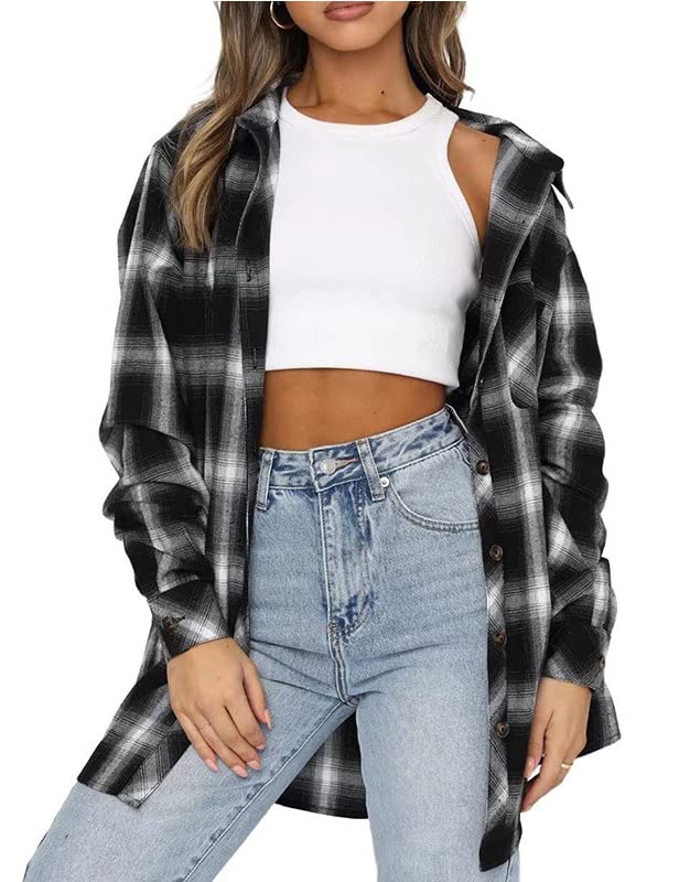 Tiko Miko Flannel Shirts for Women Oversized Plaid Soft Flannel Button Down Shirt Blouses(0001-black-L)