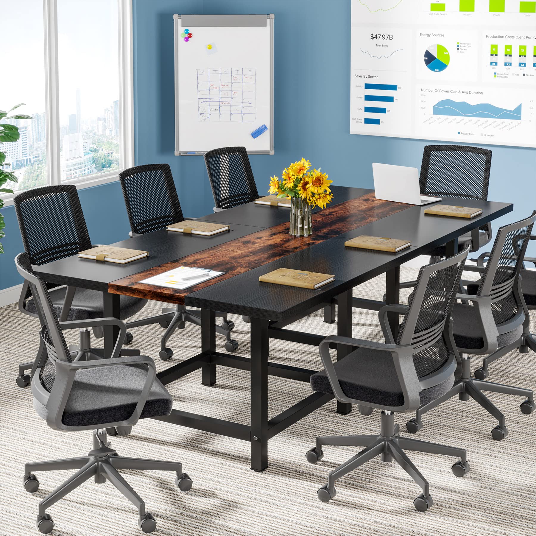 Tribesigns 6.5 Ft Conference Room Table, Rustic Rectangle 78.74L X 39.2W X 29.52H Inches Wood Seminar Table for Office, Conference Room,2 Tables (Chair not Included) (Rustic&black) (2, Dark Oak&White)