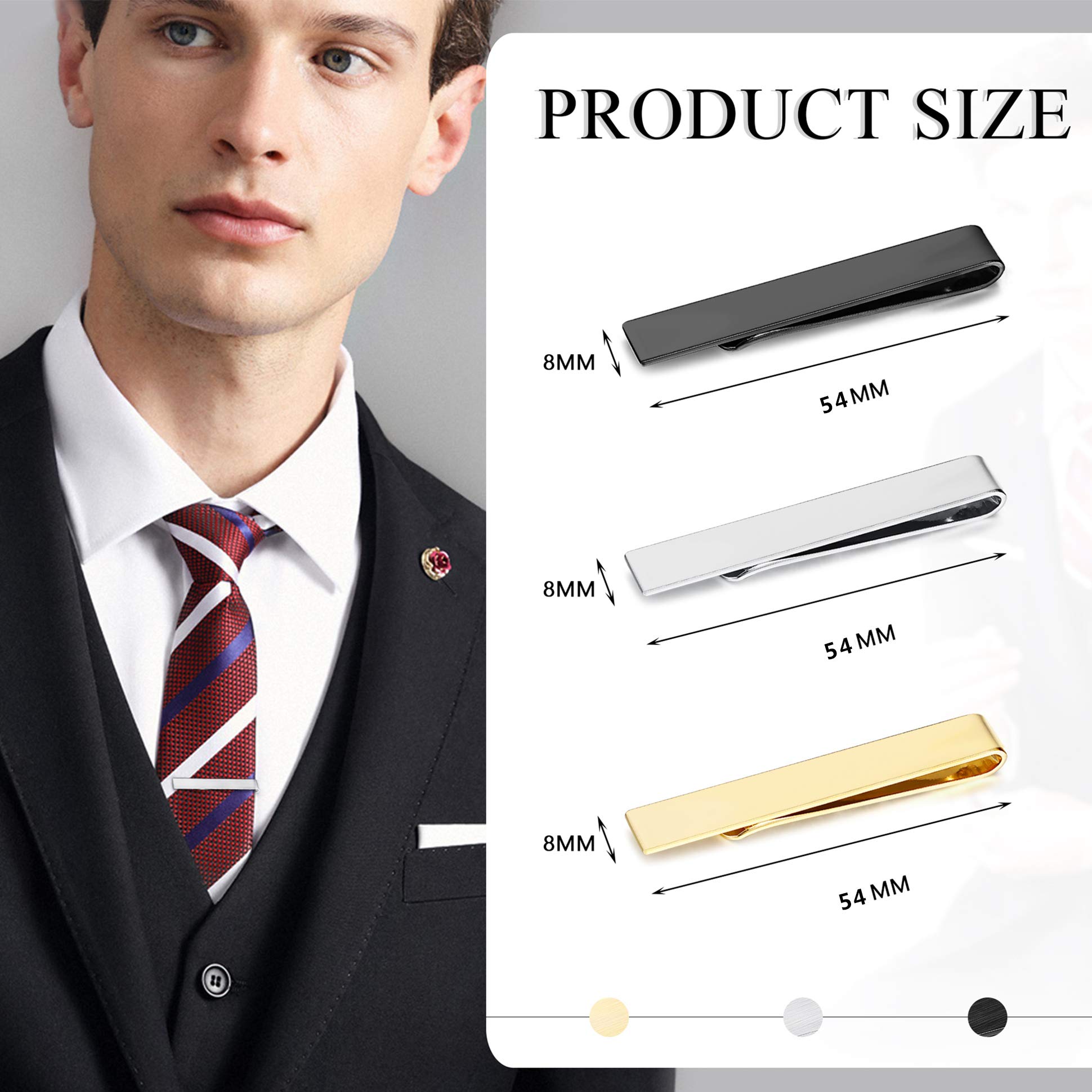 YADOCA 3 Pcs Tie Clips for Men Tie Bar Set Necktie Clips Without Stripe for Wedding Anniversary Business Black Silver-Tone Gold-Tone