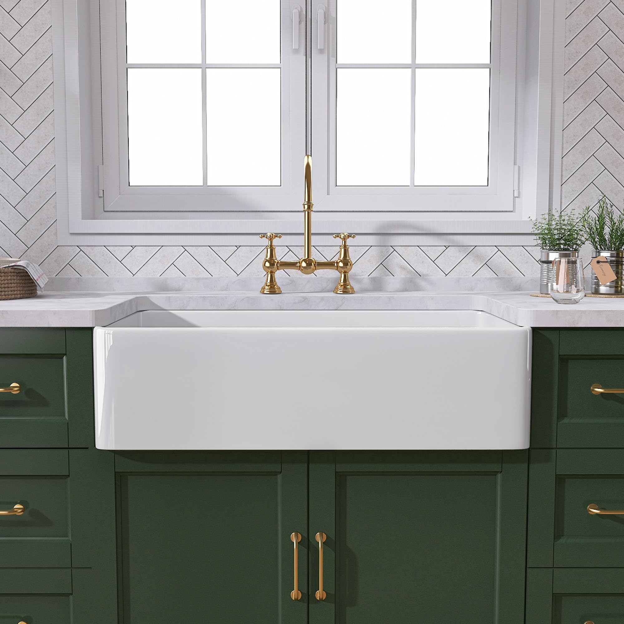 TUKTUK White Farmhouse Sink 30 Inch Farm Sink Fireclay Apron Front Single Bowl Kitchen Sinks Deep Drop In Undermount Kitchen Sink Luxury Bottom Grid & Strainer Drain Included