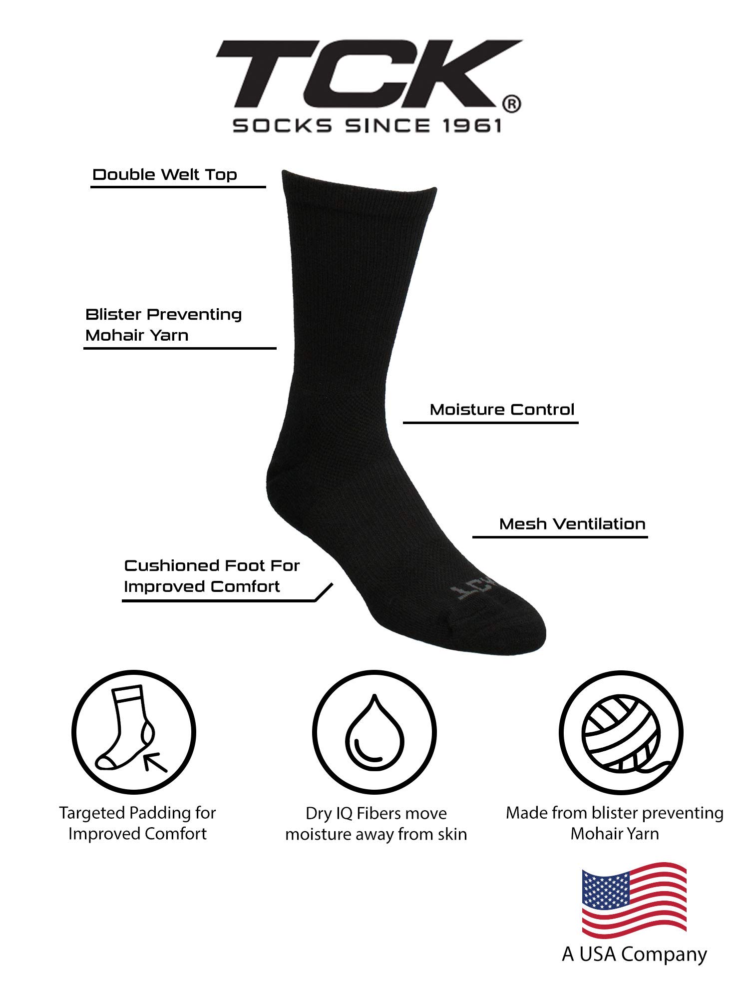 TCK Blister Resistance Crew Socks (Black, Medium)