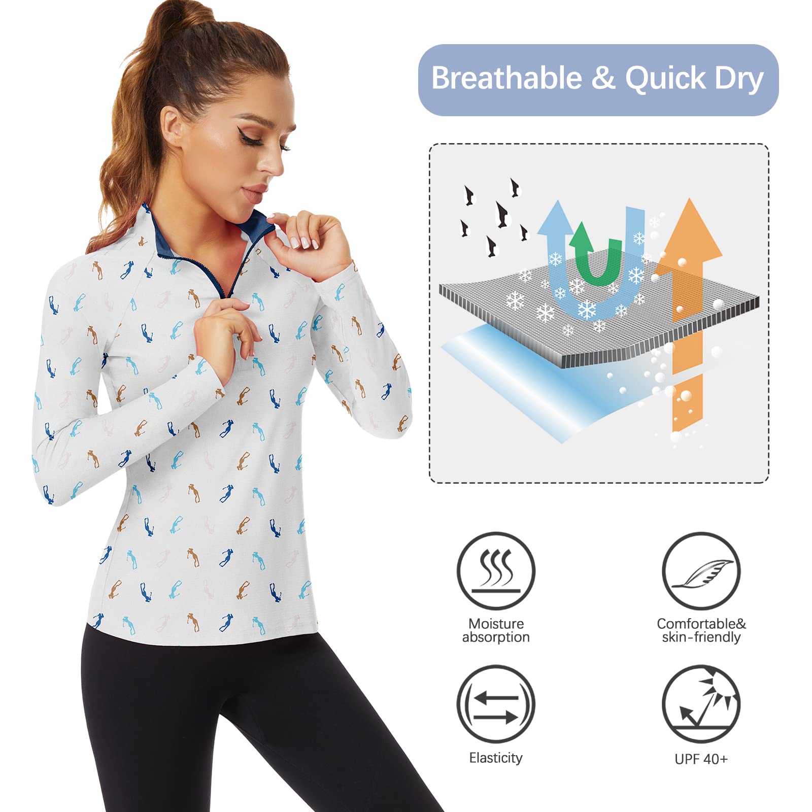 Women's Golf Shirt Long Sleeve 1/4 Zip Pullover Tennis Shirts Running Hiking Outdoor Tops (Print White, S)