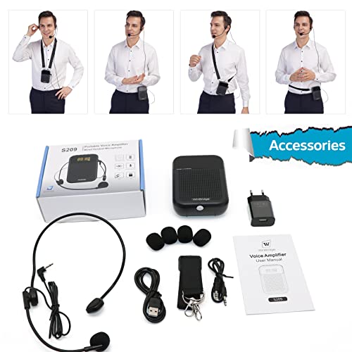 WinBridge S209 Bluetooth Voice Amplifier for Teachers with Portable Microphone Headset Wired, Personal Voice Amplifier Features Mute, Record, LED Display, No Feedback 16W