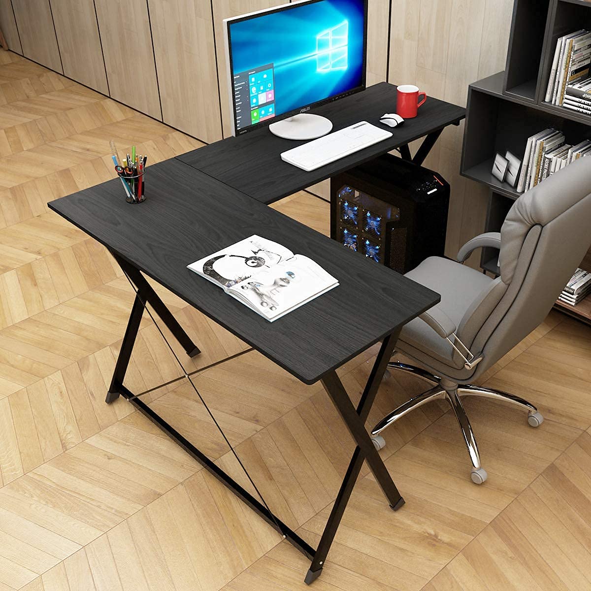 sogesfurniture L-Shaped Desk Corner Table Computer Desk Workstation Desk PC Laptop Office Desk L Desk, Black BHUS-ZJ1-BK