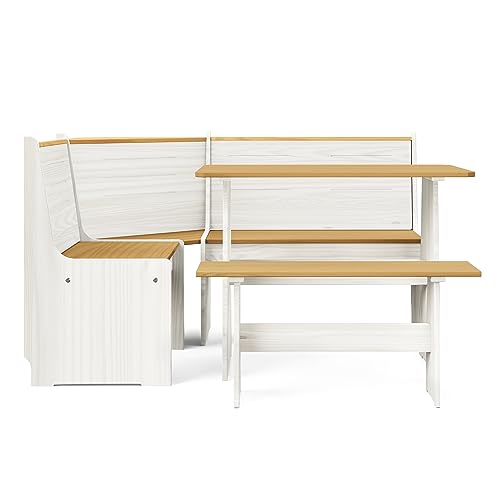 Urban Home Furniture Chapman 2 Tone Natural/White Solid Wood Corner Dining Set, Reversible Breakfast Nook