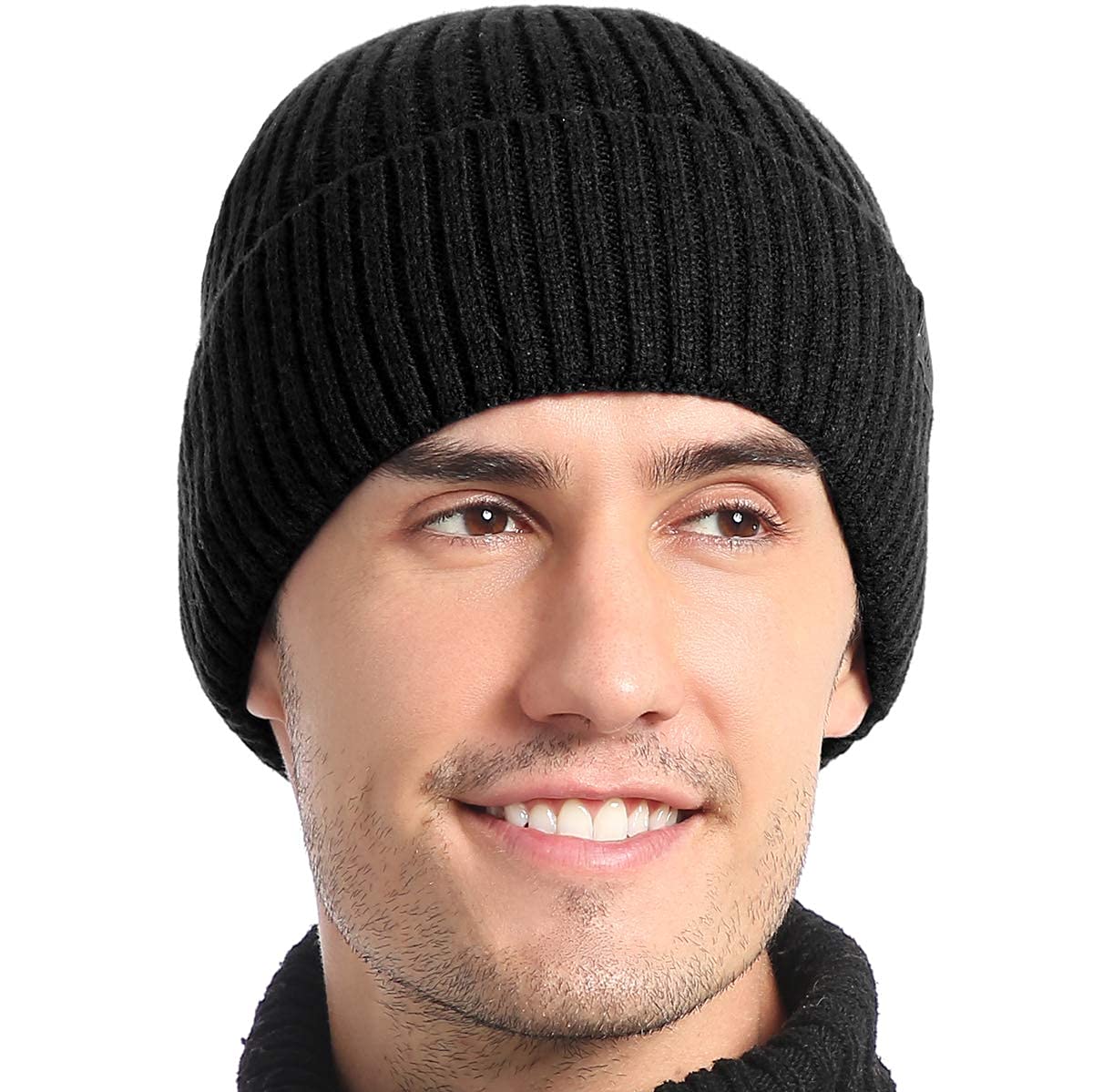 Vgogfly Lined Men Beanie Slouchy Knit Skull Cap Warm Stocking Hats Guys Women Striped Winter Beanie Hat Black