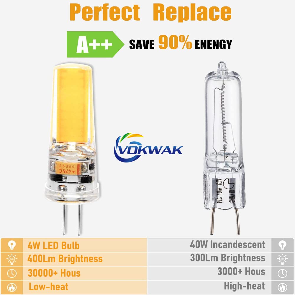 VOKWAK GY6.35 LED Bulb 12V AC/DC GY6.35 Bi-pin Base Silica Gel Crystal T4 JC Type 4W LED Bulb Dimmable 40W Halogen Bulbs Equivalent for Desk Lamp,Landscape Lighting (4-Pack Daylight White 6000K)
