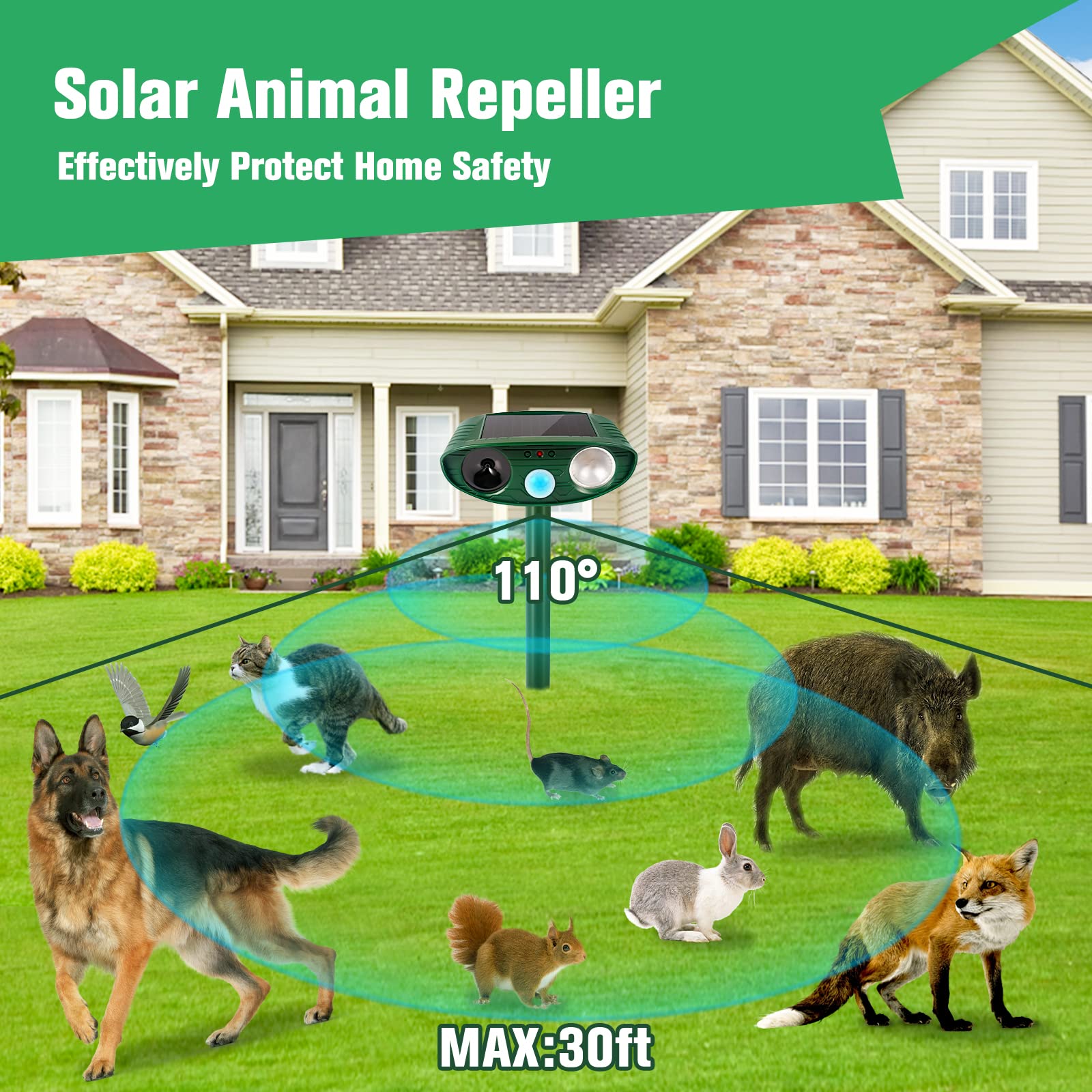 Ultrasonic Cat Deterrent, Solar Powered Deterrent Device with Motion Sensor and Flashing Light, Waterproof Device for Farm, Garden, Yard, Dogs, Birds