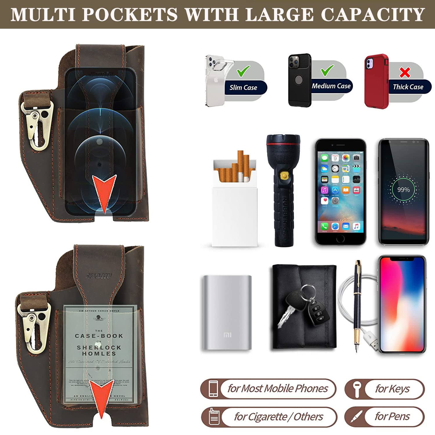 SUOHU Leather Phone Holster with Belt Clip, Flip Belt Phone Case with Magnetic Closure for iPhone 15/14/13 Pro Max, Cell Phone Belt Holder for S22 Plus, Universal Leather Phone Pouch Cases (Red Brown)