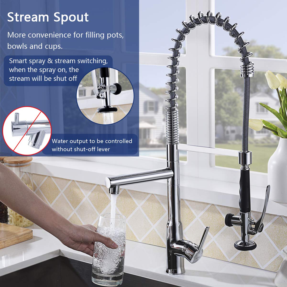 SonTiy Kitchen Faucet with Soap Dispenser, Commercial Single Handle High Arc Kitchen Sink Faucet with Pre-Rinse Pull Down Sprayer, Polished Chrome