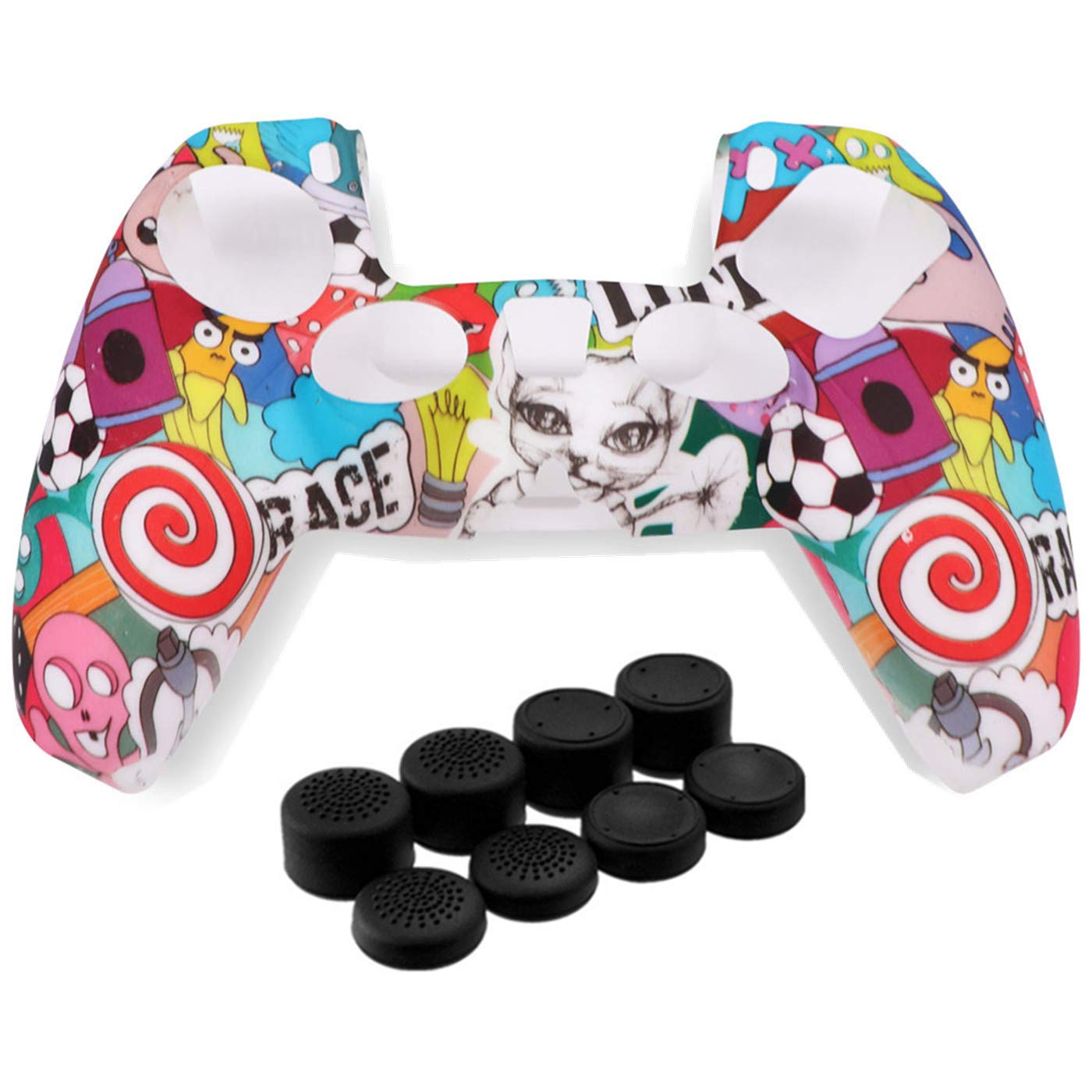Silicone Cover Skin for Sony PS5 Controller, Cool Camouflage Case Smooth Cover Compatible with PlaySation 5 Come with 8 Thumb Grips (Happy -White)