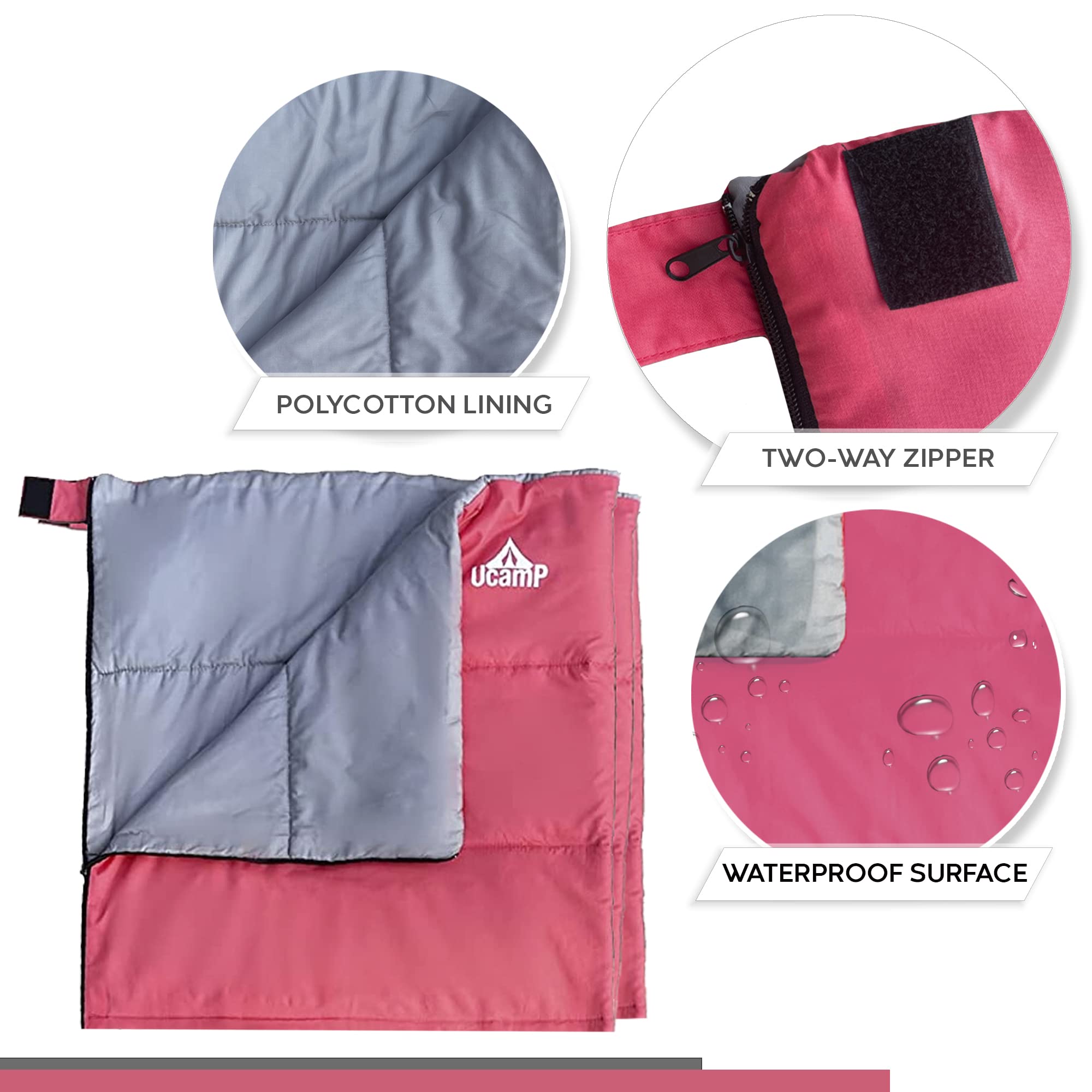 UCAMP Camping Sleeping Bag – 74.8 x 30 Inch Backpacking Sleeping Bag Camping Gear – Warm Weather Waterproof Sleeping Bag – Comfortable and Lightweight – 2 Way Reverse Zippers