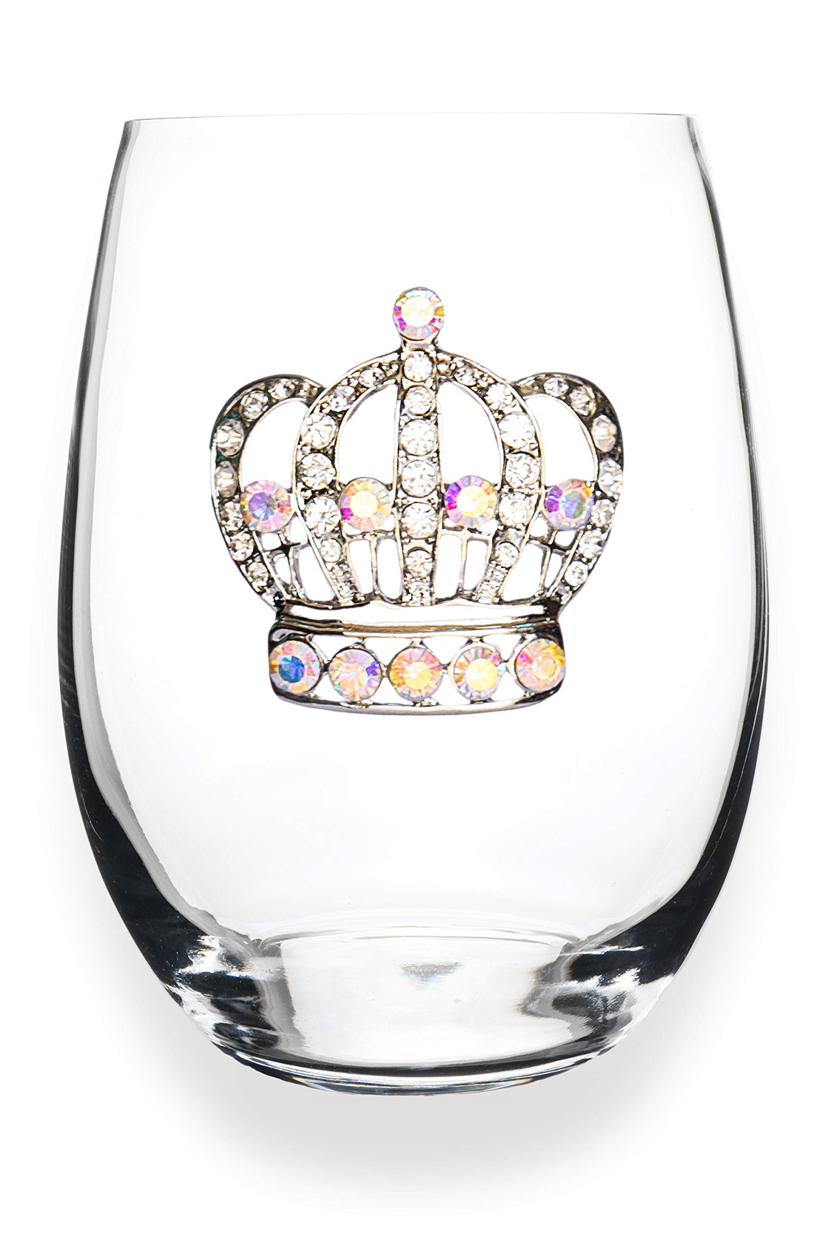 THE QUEENS' JEWELS Large Crown Jeweled Stemless Wine Glass, 21 oz. - Unique, Birthday, Cute, Fun, King, Queen, Not Painted, Decorated, Bling, Bedazzled, Rhinestone