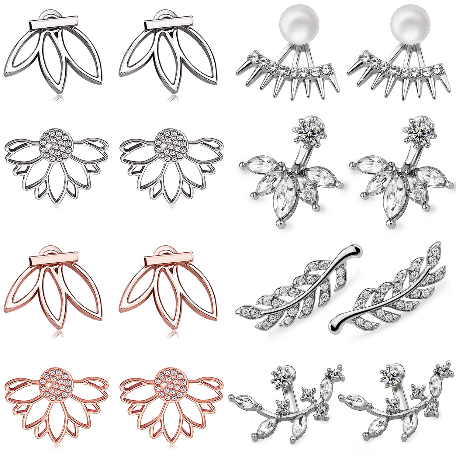 Suyi Fashion Hollow Lotus Flower Earrings Crystal Simple Chic Stud Earrings Set 8 Pairs