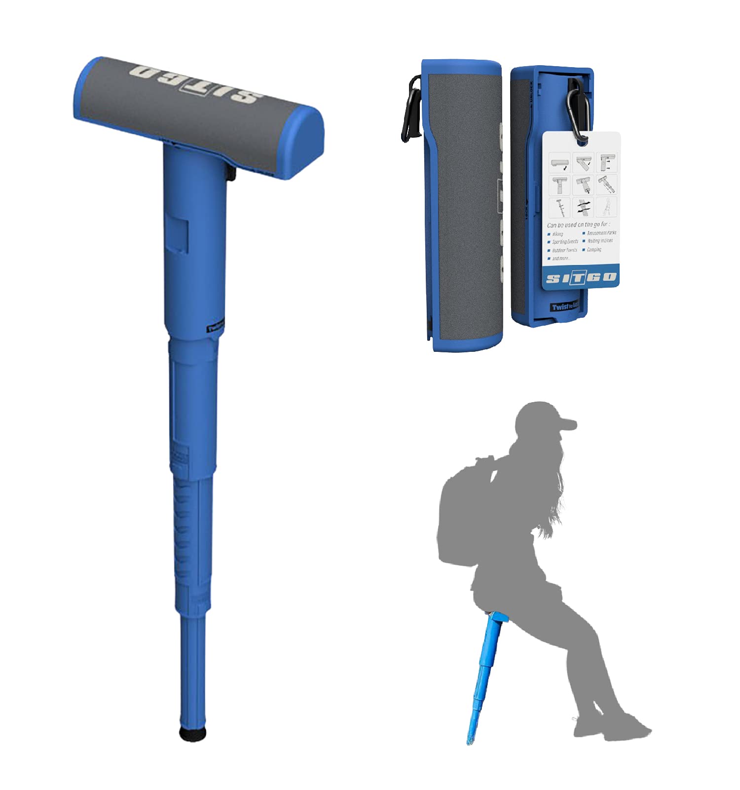 SITGO Portable Travel Stool - A Compact Collapsible Stool with a Telescoping Neck to Adjust Seating Height & Supports Up to 300lbs - Perfect Folding Stool for Festivals, Travel, and Office - Blue