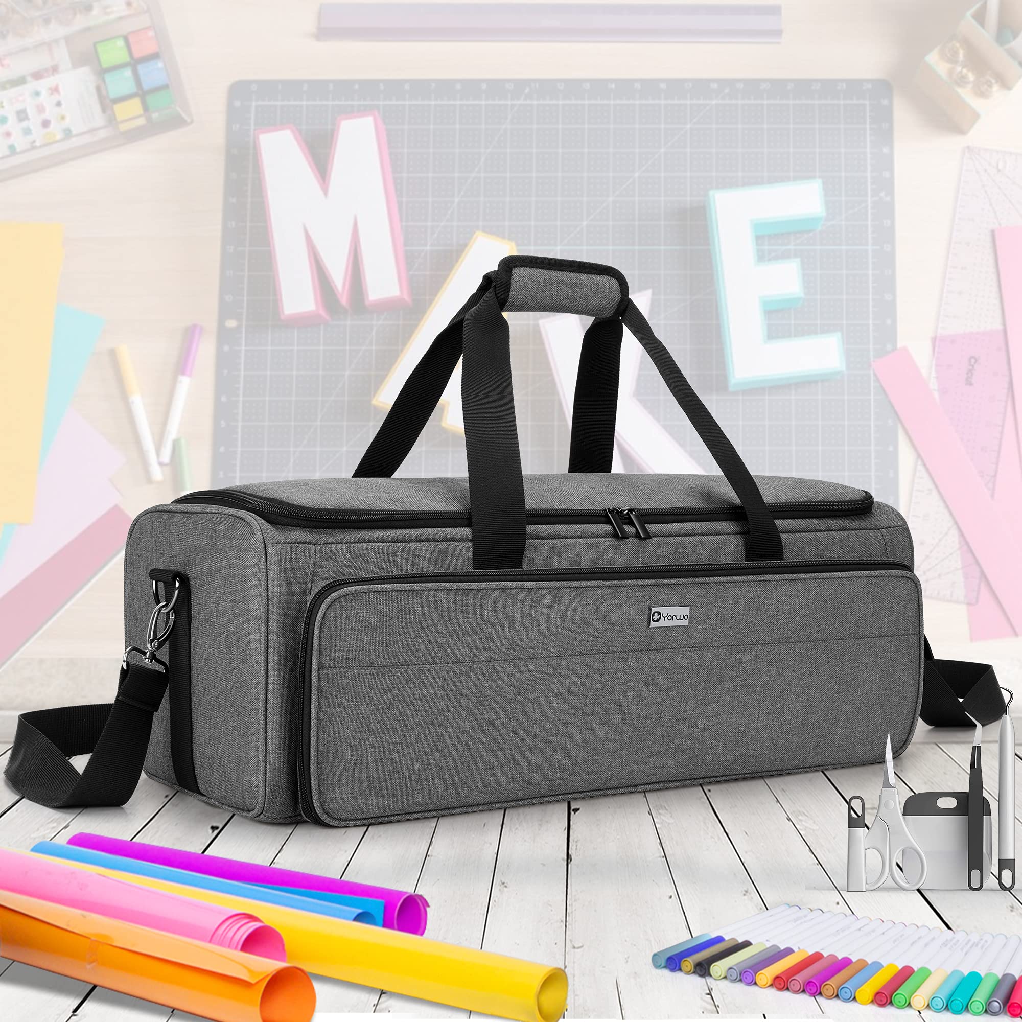 Yarwo Carrying Case Compatible for Cricut Maker, Explore Air 2, Silhouette Cameo 4 and Cameo 3, Large Opening Die Cut Machine Bag for Cutting Mat (12" x 12") and Supplies, Gray