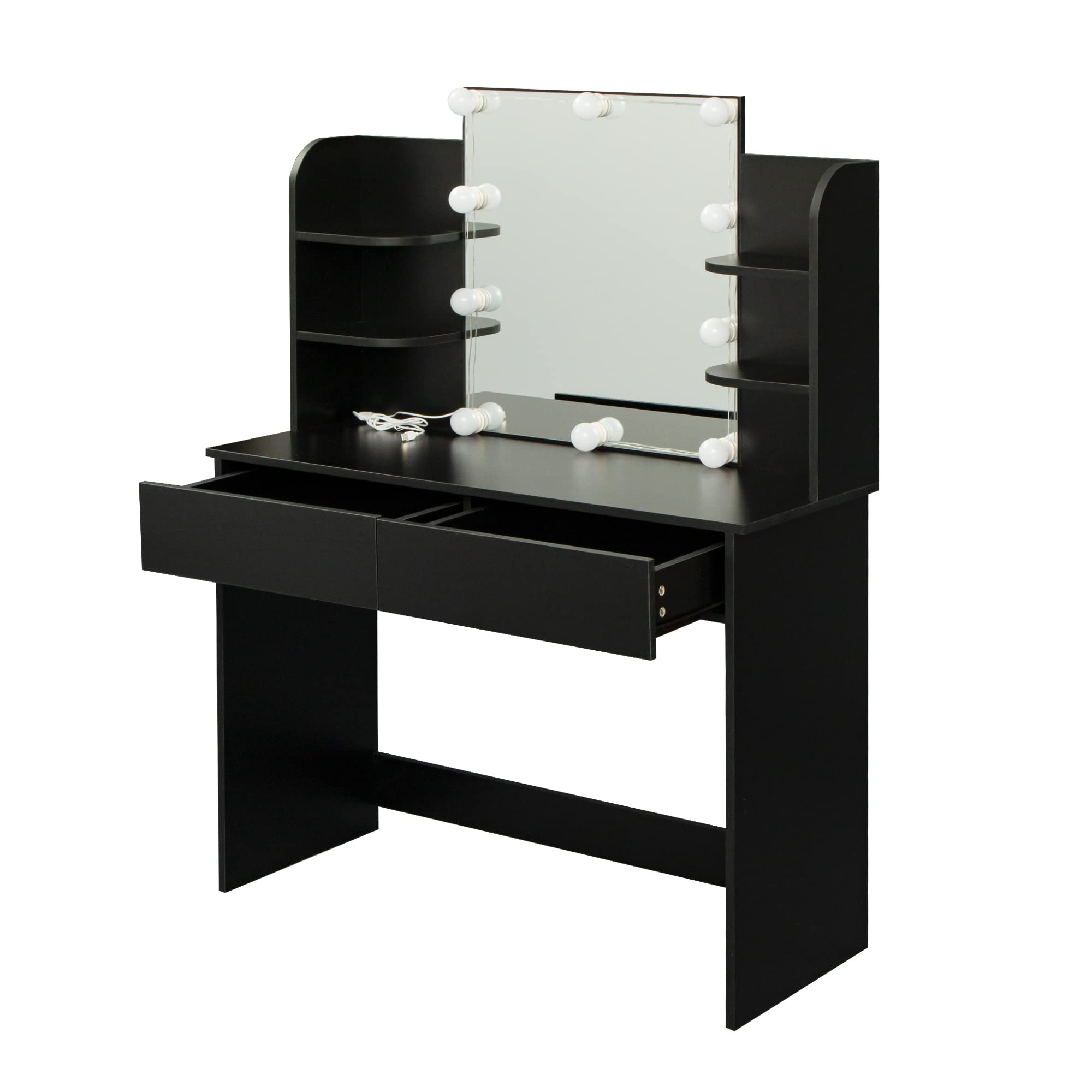 Tiophome Makeup Vanity Desk with LED Mirror & 10 Lights, Large Storage with 2 Drawer & 6 Open Shelves, Adjustable Brightness, Bedroom Dresser Dressing Table, Black