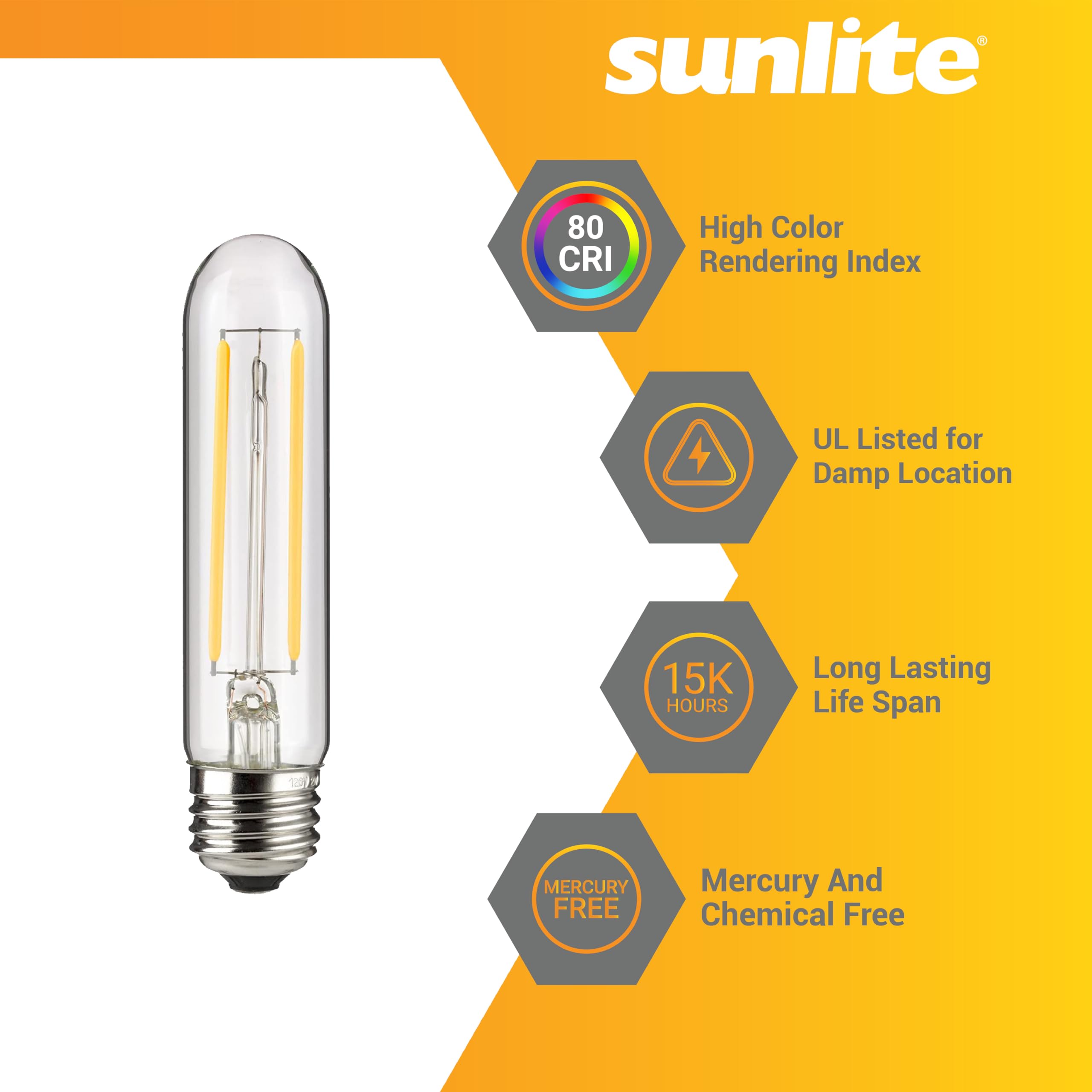 Sunlite 80611 LED Filament T10 Tubular Light Bulb, 6 Watts (60W Equivalent), 600 Lumens, Medium E26 Base, Dimmable, 128 mm, UL Listed, 2700K Soft White, 1 Pack