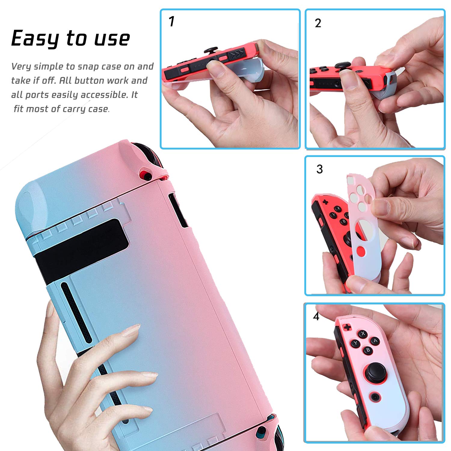 Upgraded Dockable Case for Nintendo Switch, FANPL Protective Case Cover for Nintendo Switch and Joy Con Controller with 2 Cat Paw Thumb Grips (Pastel Pink & Blue)