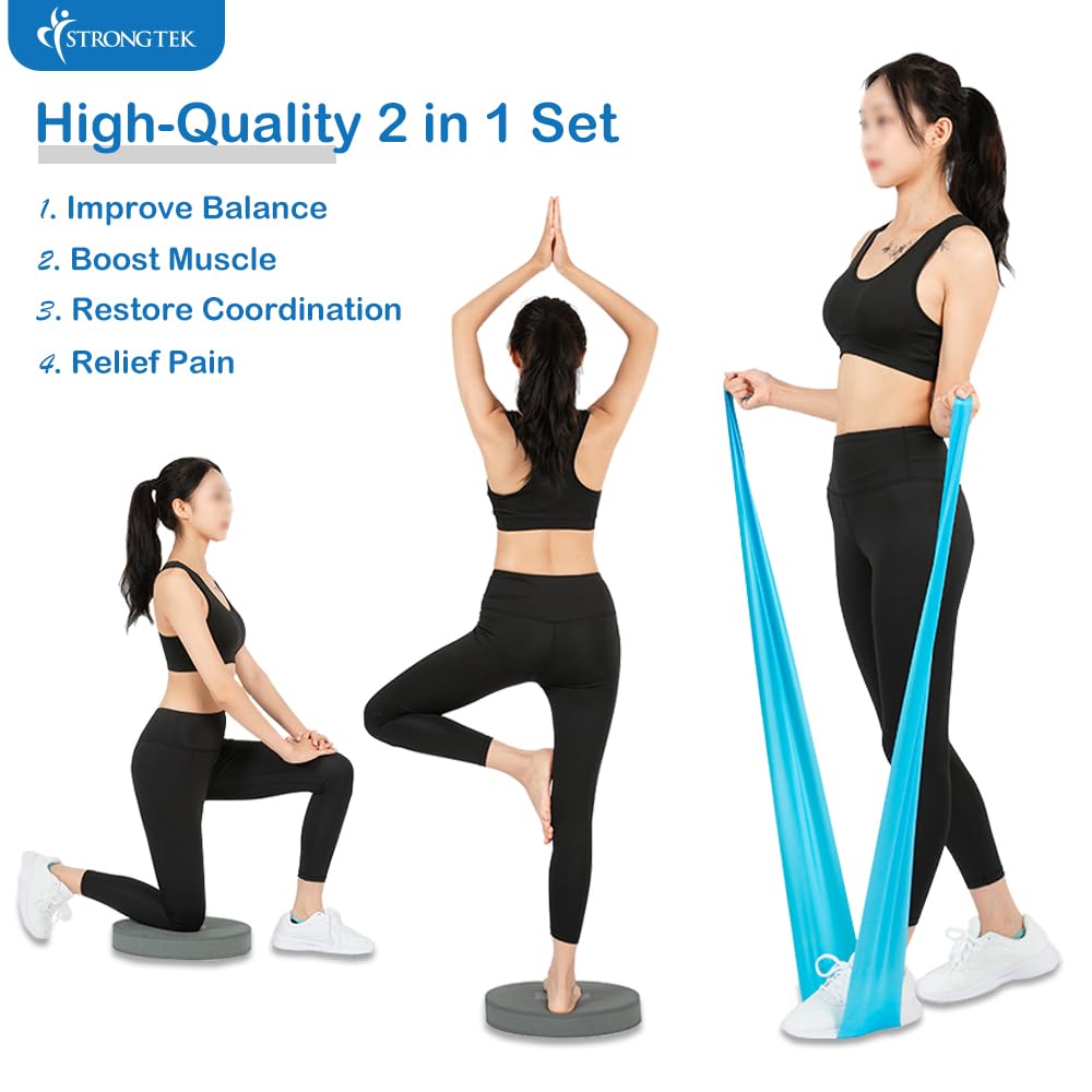 StrongTek Foam Balance Pad with Resistance Bands for Stability, Core Strengthening, Body Toning, and Knee Injury Prevention, Comfortable, Durable, Yoga Mat for Physical Therapy, Suitable for All Ages