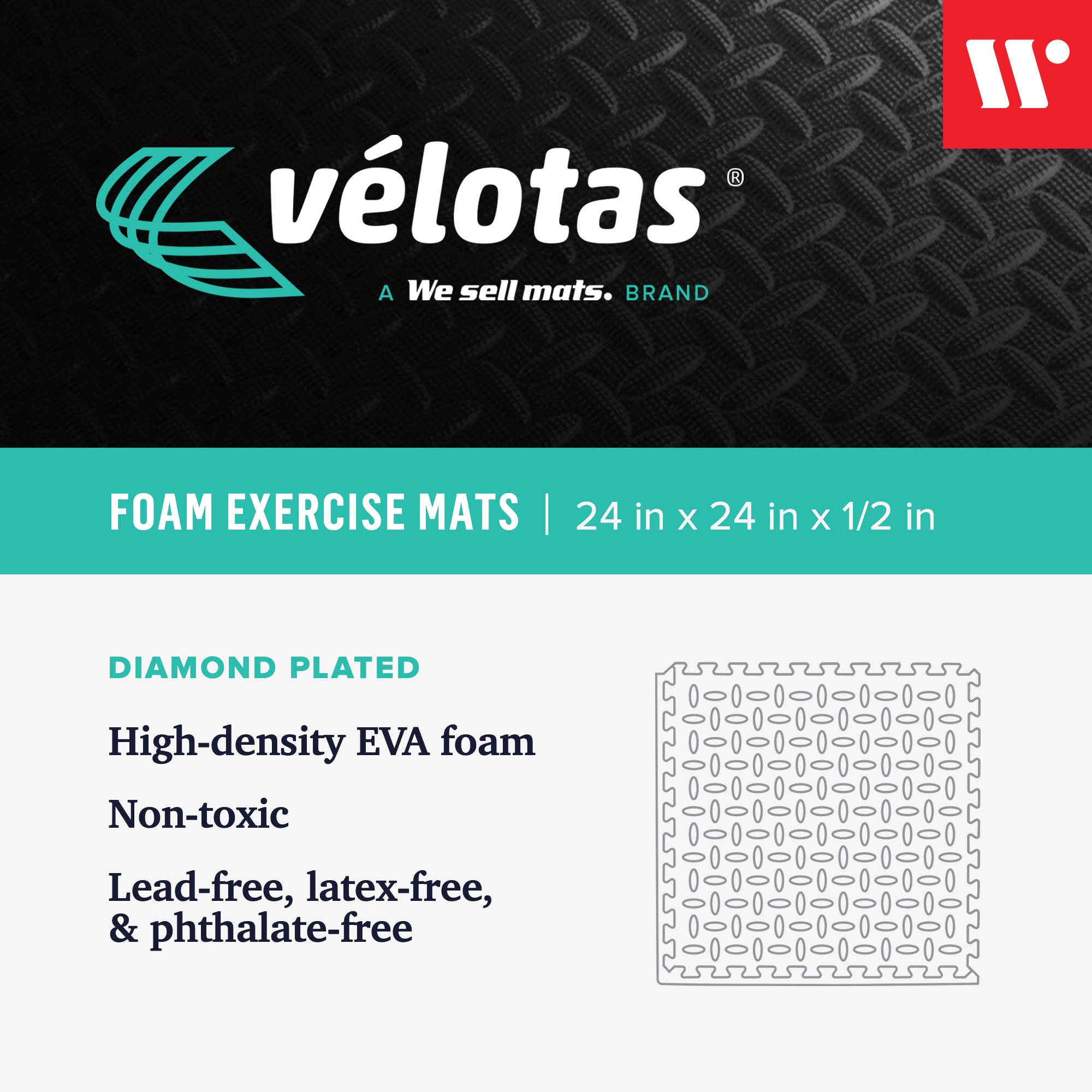 Velotas 1/2 Inch Interlocking EVA Foam Personal Fitness Mat, Diamond Plate Exercise Mats for Indoor Workout, 24 in x 24 in