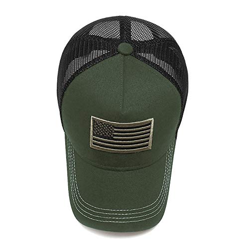 Uphily Army Green US American Flag Trucker Cap - Olive Mid Profile Curved Bill Patriotic Mesh Dad Hat for Men or Women