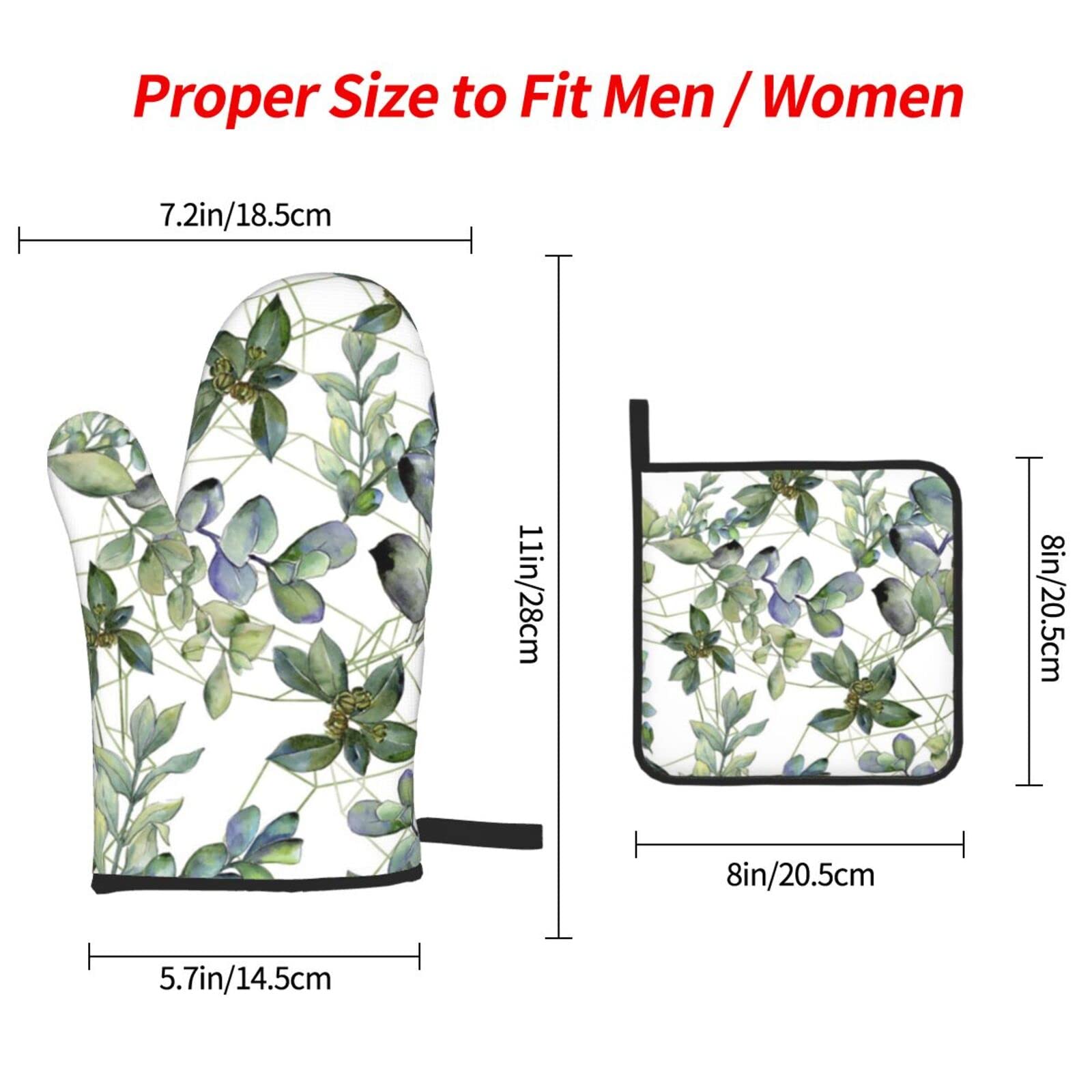 YILEQUAN Green Eucalyptus Leaves Print Oven Mitts and Pot Holders Sets,Kitchen Oven Glove High Heat Resistant 500 Degree Oven Mitts and Potholder,Surface Safe Baking, Cooking, BBQ,Pack 3 One Size