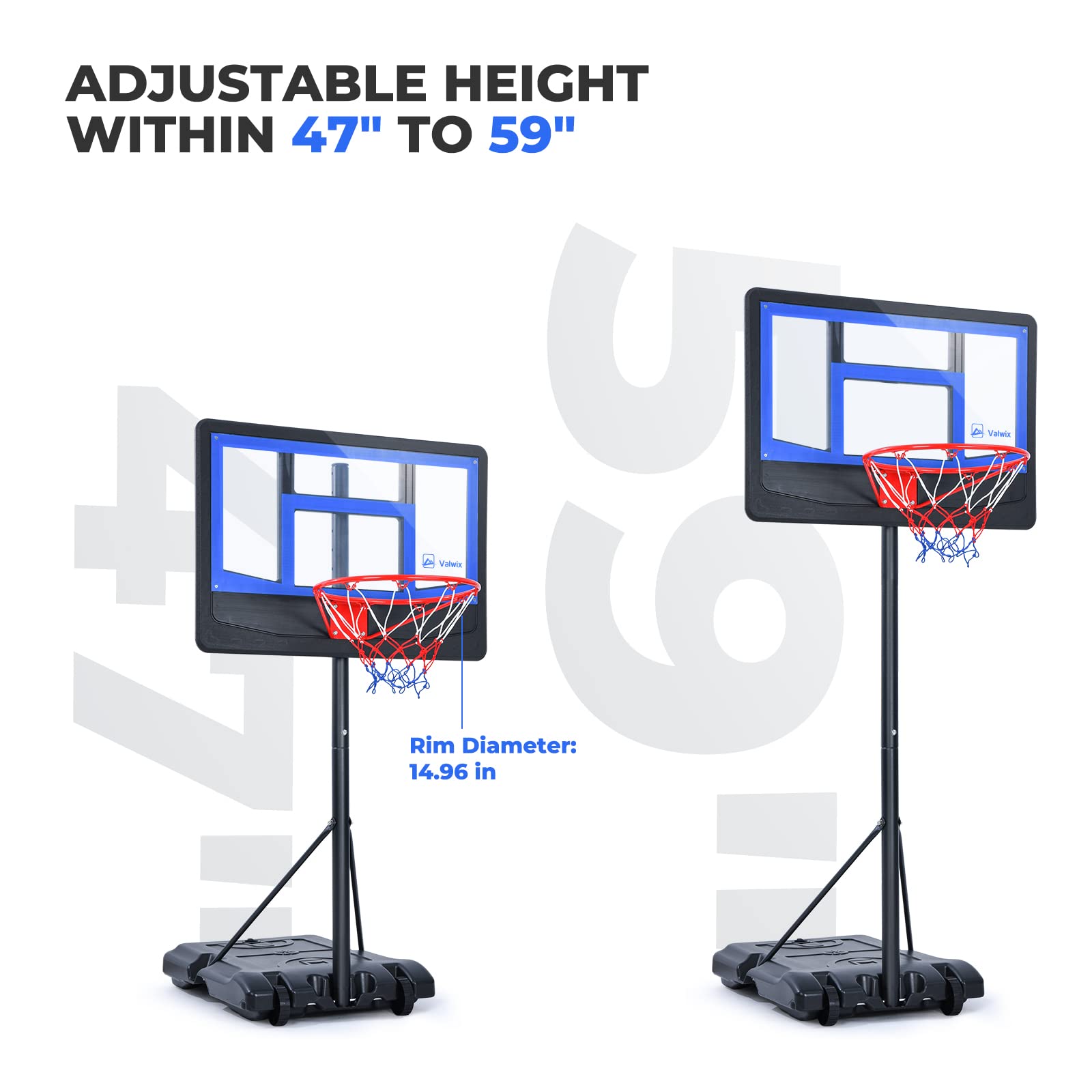 Valwix Swimming Pool Basketball Hoop with Base 47''-59'' Adjustable Height Poolside Basketball Hoop for Pool with 2 Balls and Pump