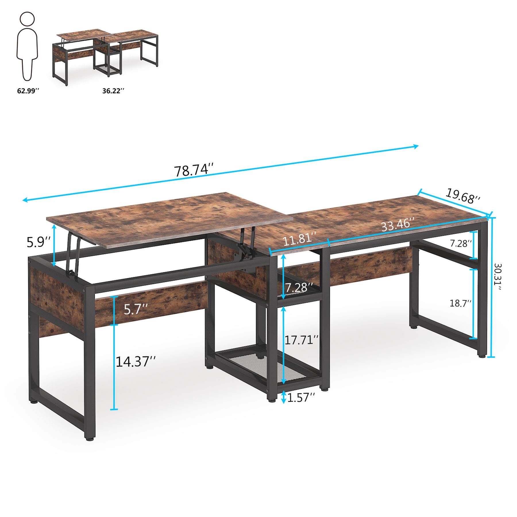 Tribesigns Lift Top Computer Desk, 78.8 inch Height Adjustable Double Home Office Desk Dual Writing Table Workstation with Storage Shelves
