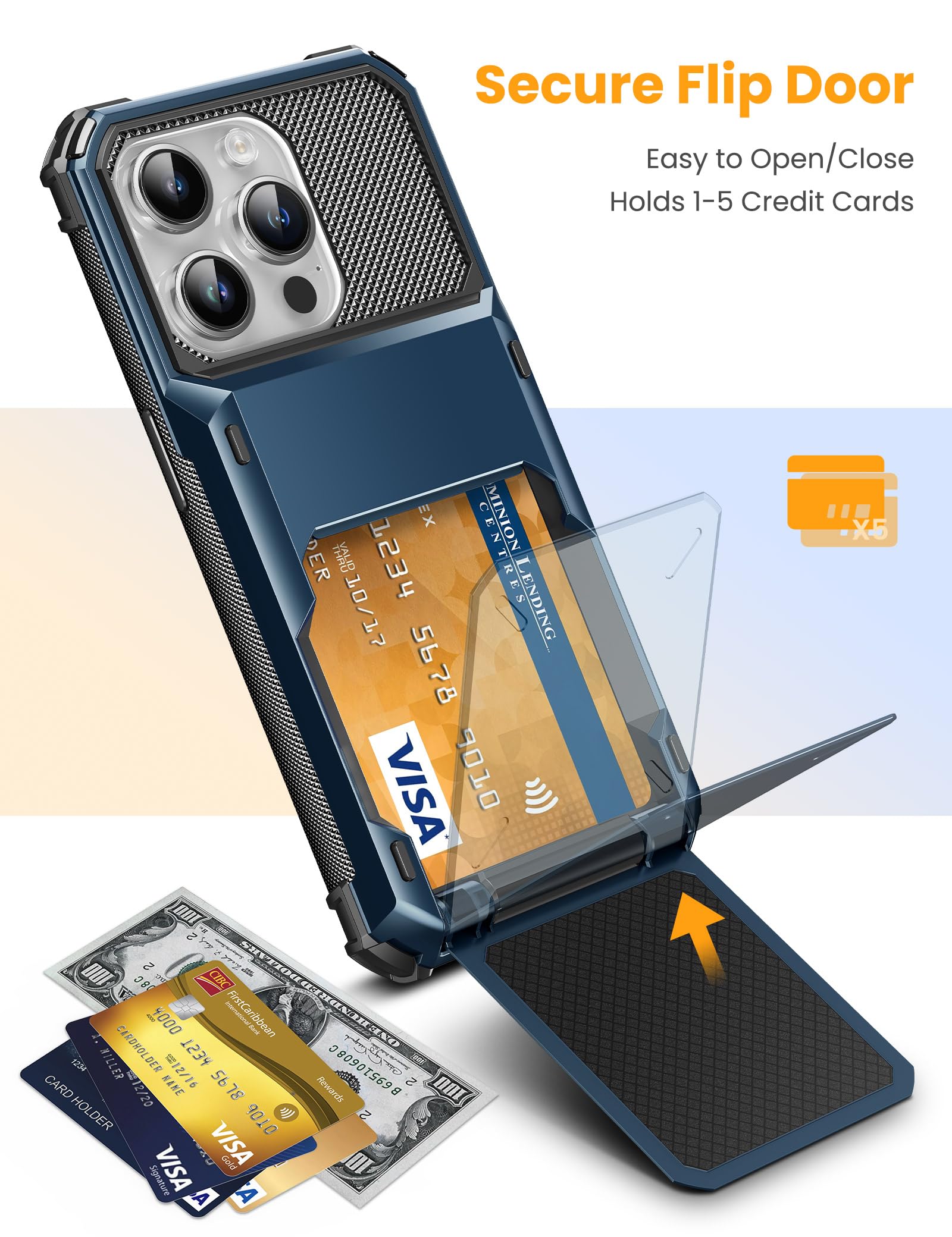 TITACUTE for iPhone 15 Pro Max Case 6.7 Wallet 5 Credit Card Holder Slot Flip Cover Design Back Pocket Scratch Resistant Hard Shell Hybrid Protective Bumper Armor for iPhone 15 Pro Max Navy Blue
