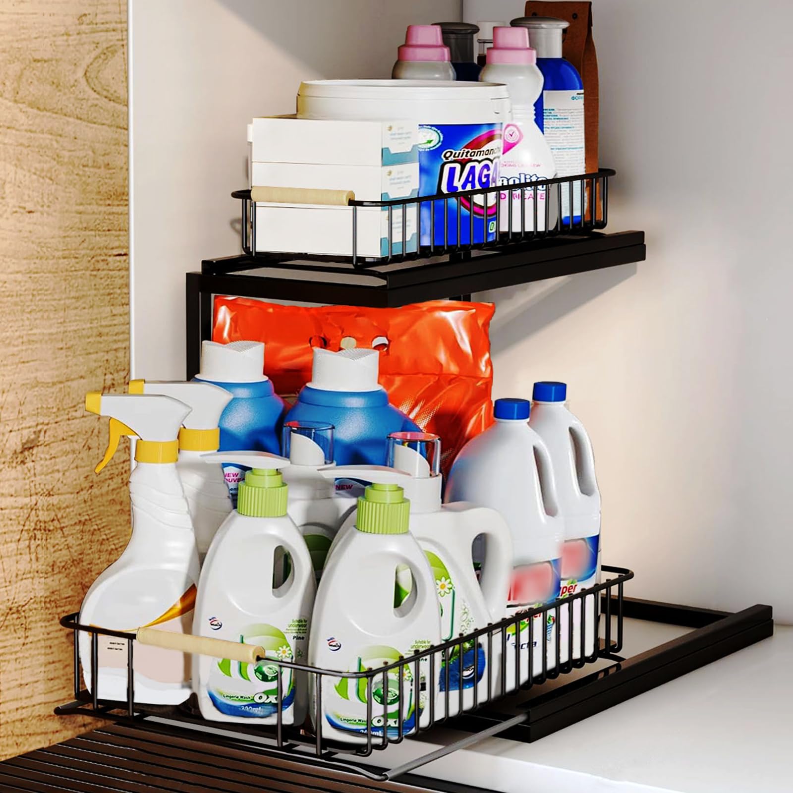 Under Sink Organizer, 2 Tier Metal Slide Out Under Sink Kitchen Cabinet Organizer, L Shaped Pull Out Under Sink Storage Basket for Bathroom Kitchen Desk(Black)