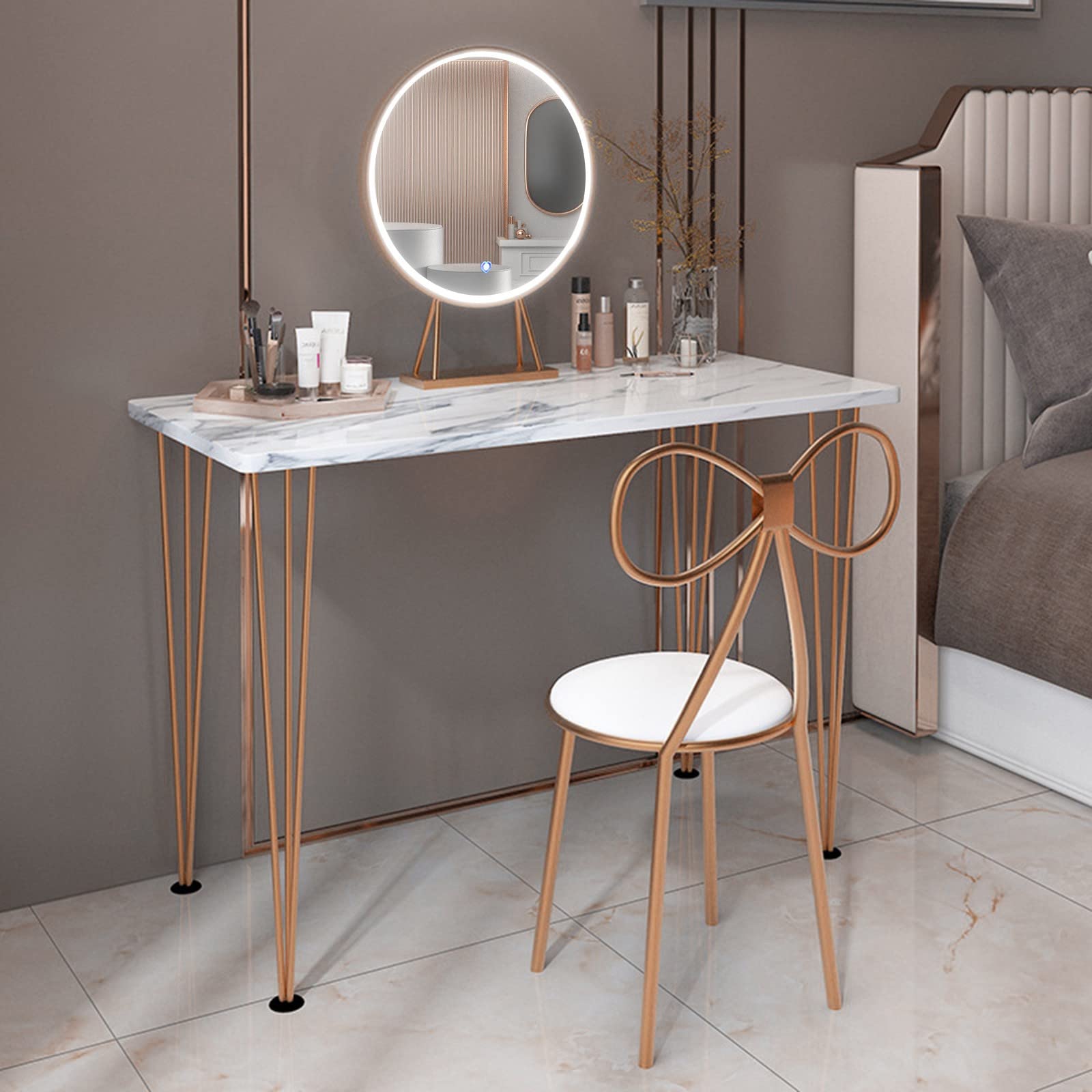 Vanity Desk with Lighted Mirror, Marble Makeup Table, Dressing Table with Cushioned Stool, Bedroom Makeup Vanity Dressing Desk for Women Girls, Adjustable Brightness