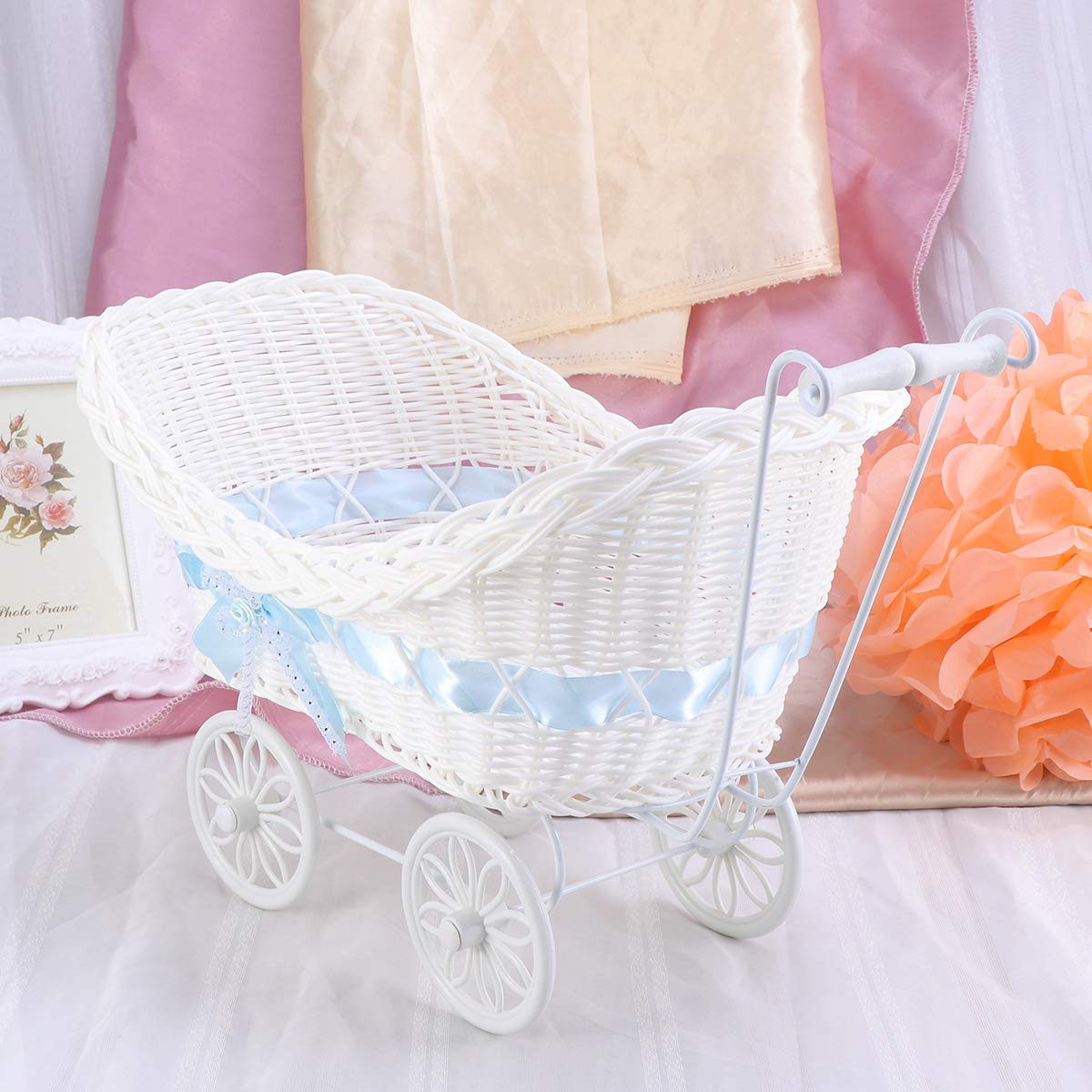 Tricycle Stroller Wicker Stroller Baby Shower Wedding Centerpiece Stroller Party Favors (Blue) Rattan Decor
